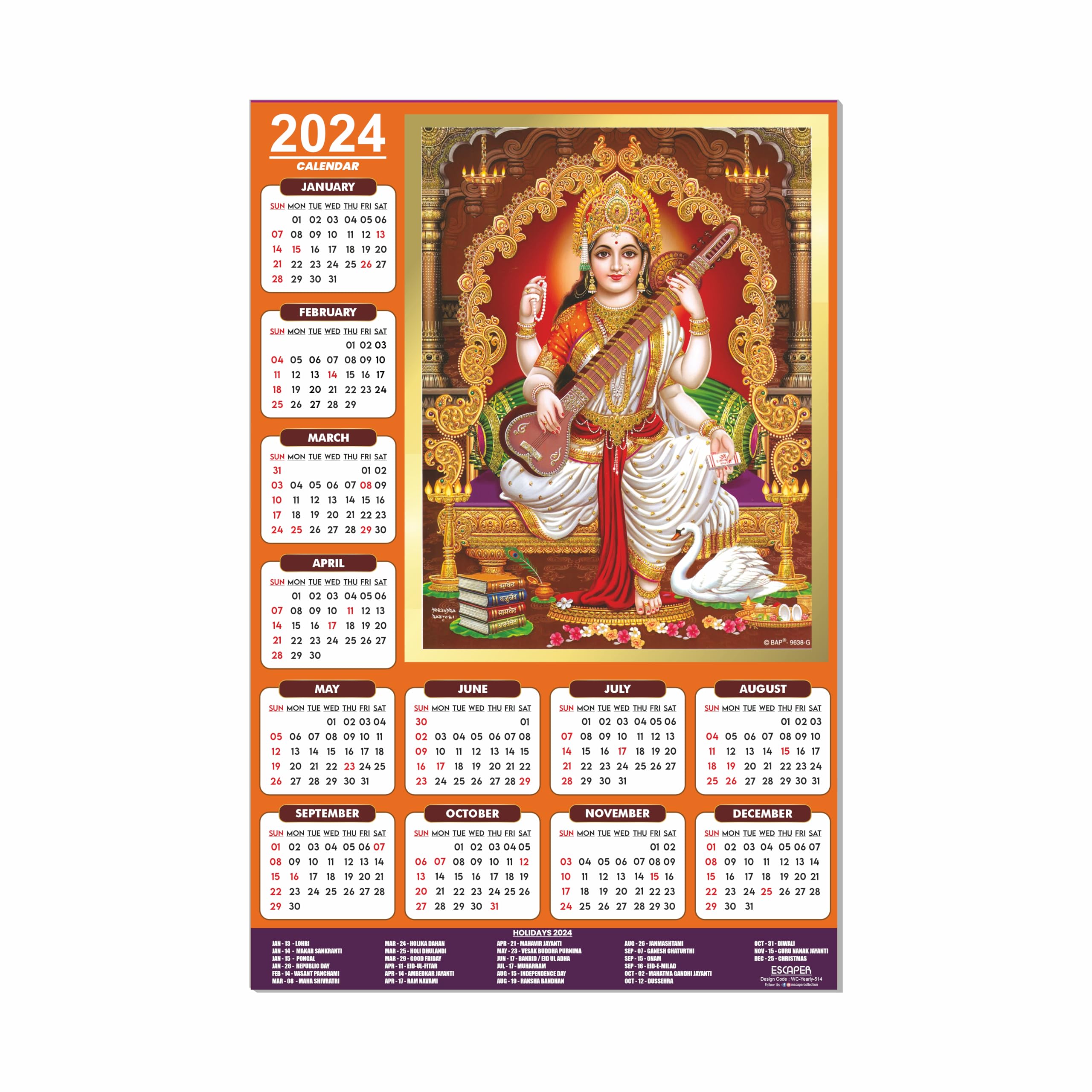 ESCAPER Goddess Saraswati Ji Calendar 2024 for Wall Unique Indian God ...