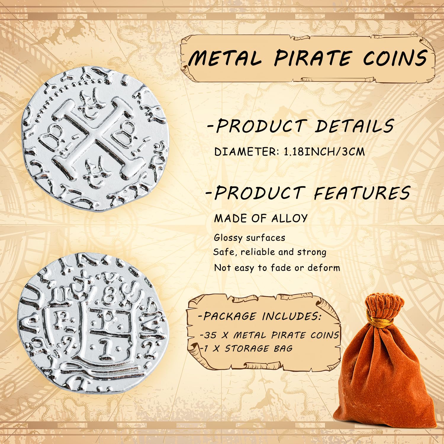 35 Metal Pirate Coins, Silver Treasure Coin Set, Metal Replica Spanish ...