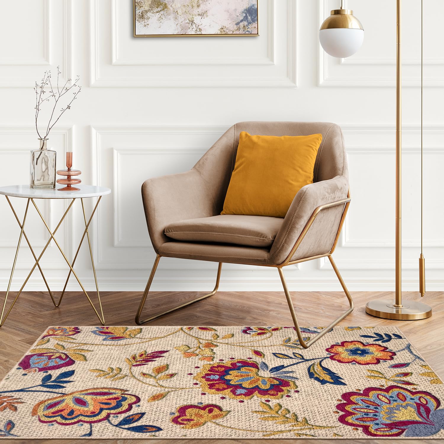 Lansny Modern Floral Area Rug 3x5 Washable Kitchen Rugs Non-Slip ...