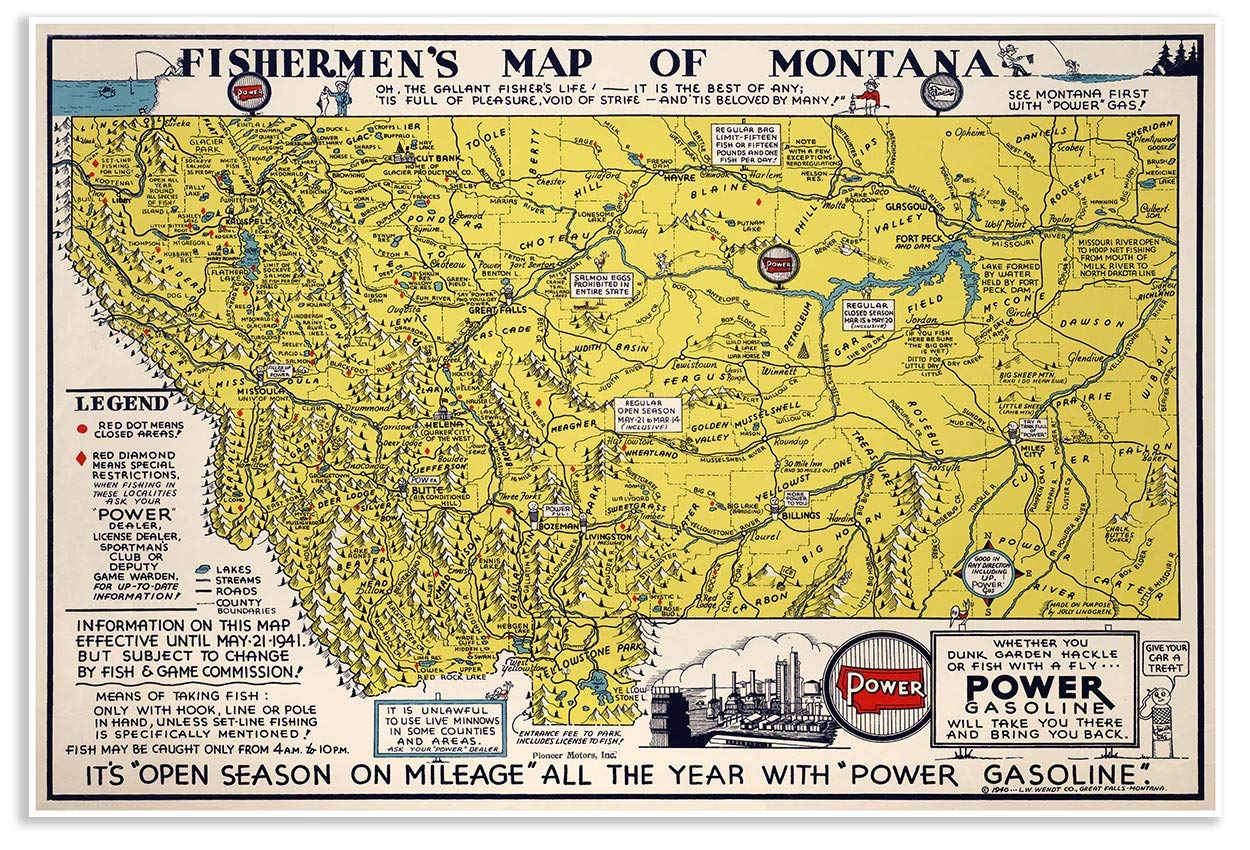 Power Gasoline's Big Pictoral Map of Montana Game Fish circa 1940 ...