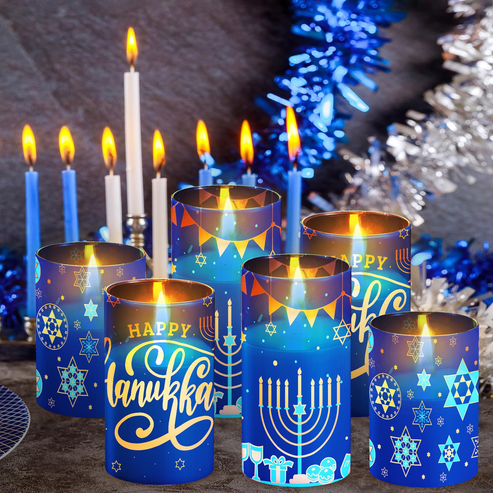 Leinuosen 6 Pack Glass Hanukkah Flameless Candles LED Candles Battery ...