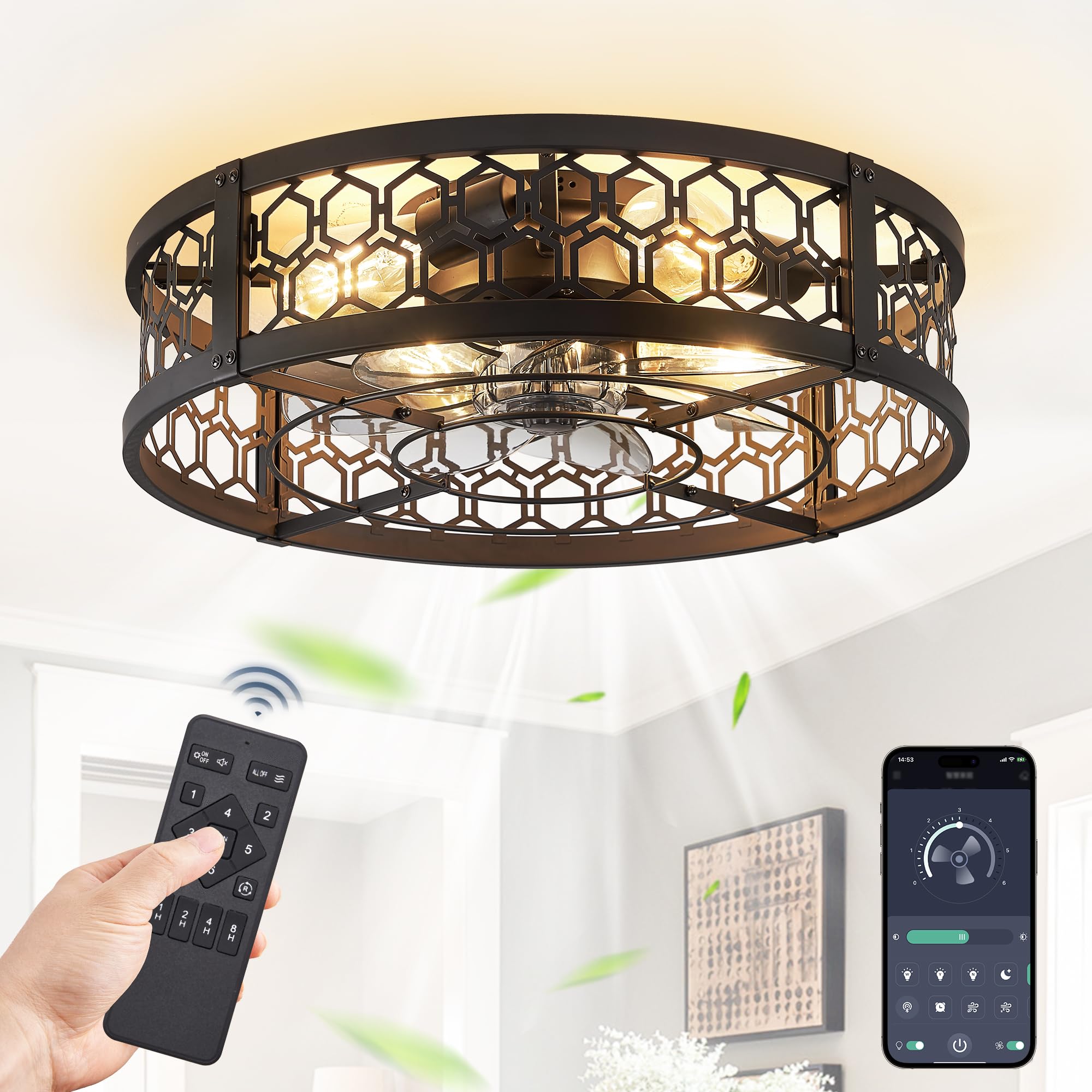 LEDIARY 20" Caged Ceiling Fan with Light, Small Flush Mount Ceiling Fan ...