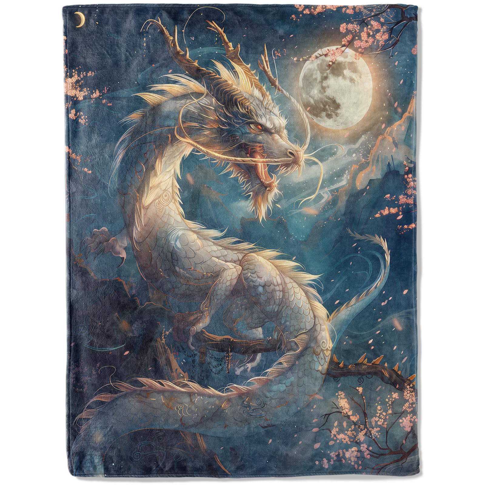 Amazon.com: ainori Dragon Flannel Blanket - Moonlit and Cherry Blossom ...