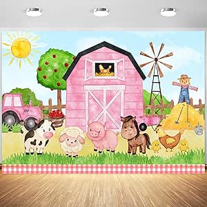 Amazon.com : 5x4ft Farm Backdrop Pink Farm Barn Cartoon Animals ...