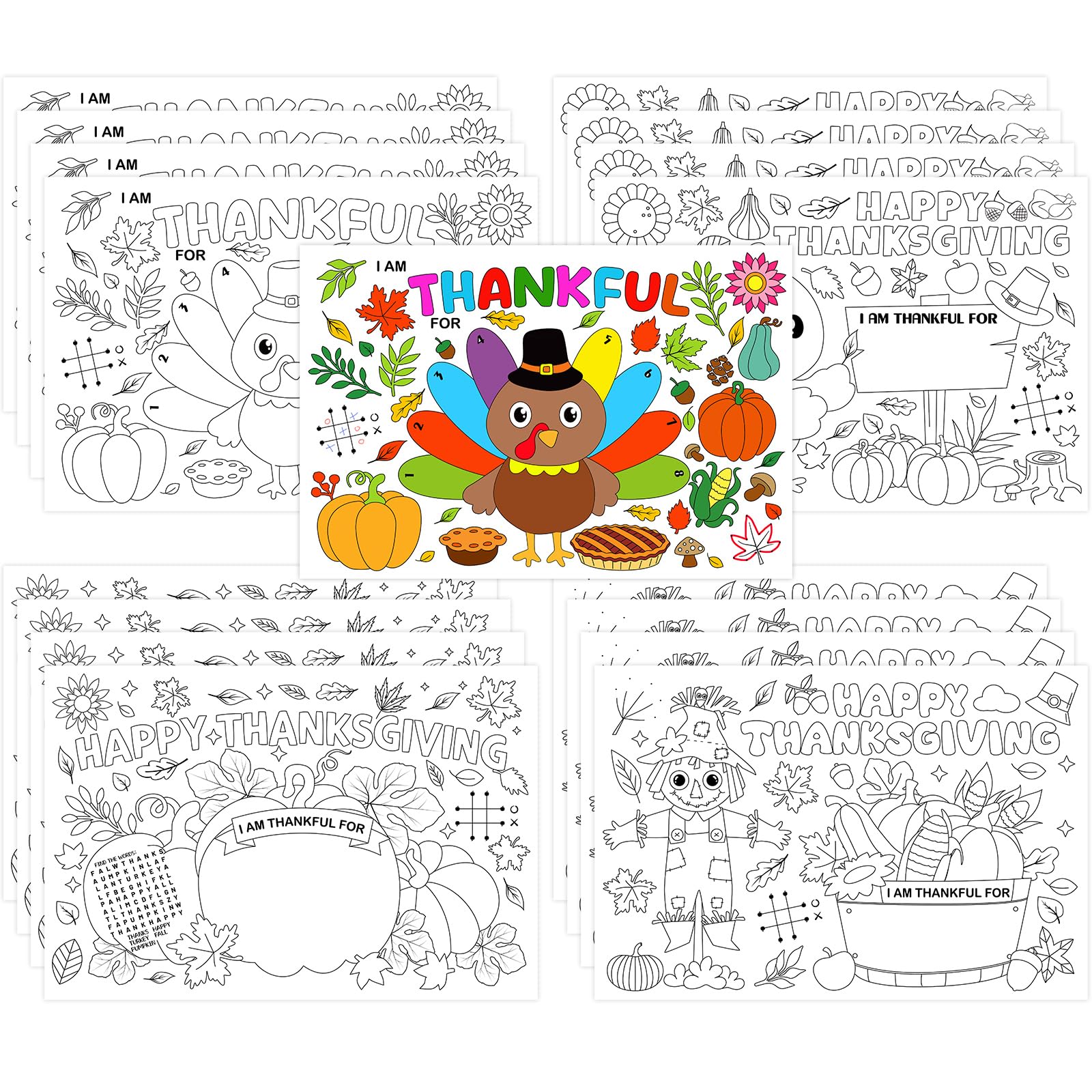 Amazon.com: Thanksgiving Coloring Placemats Kids 16 Pack Paper Turkey ...