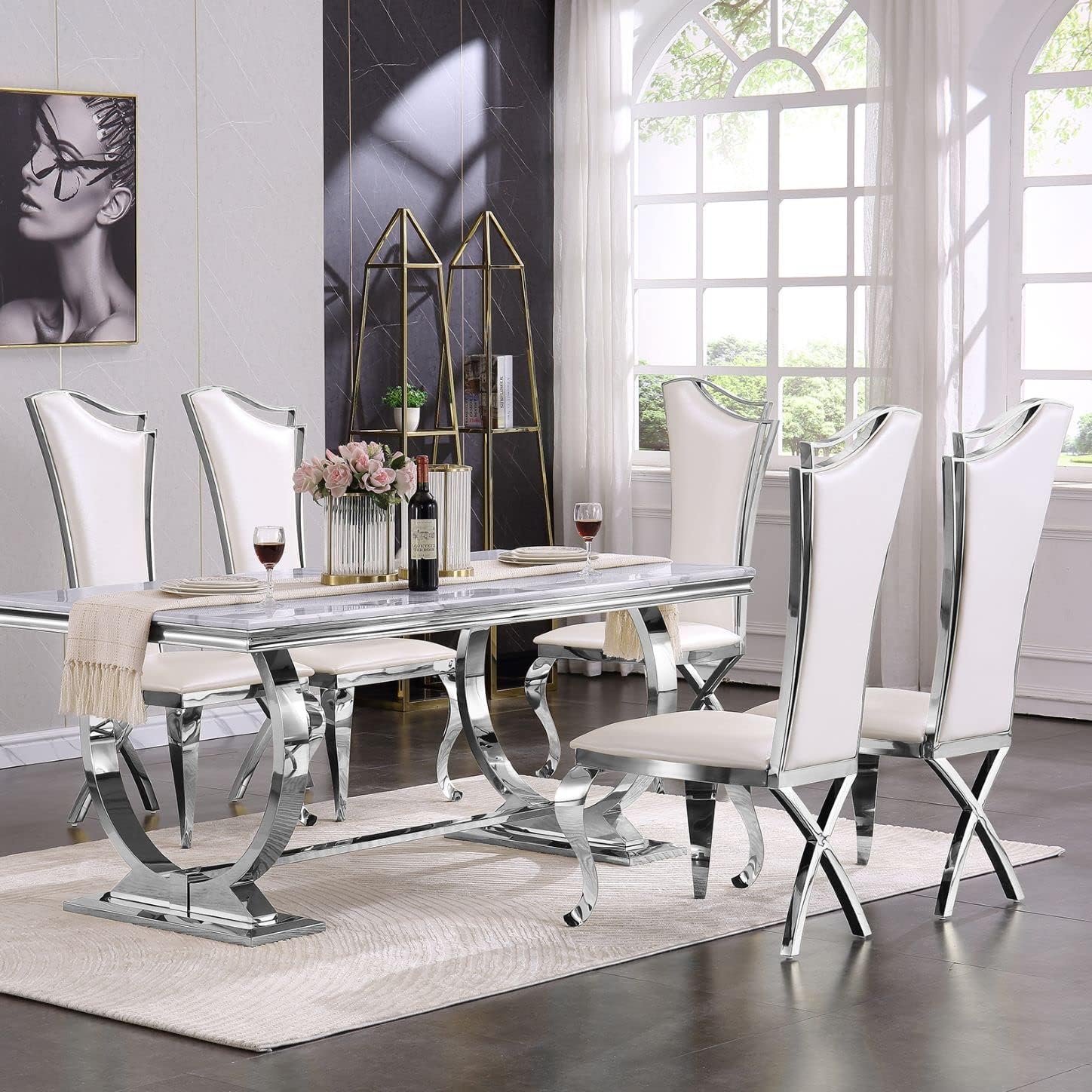 Amazon.com - ACEDÉCOR 7 Piece Silver Dining Table Set for 6, Modern ...
