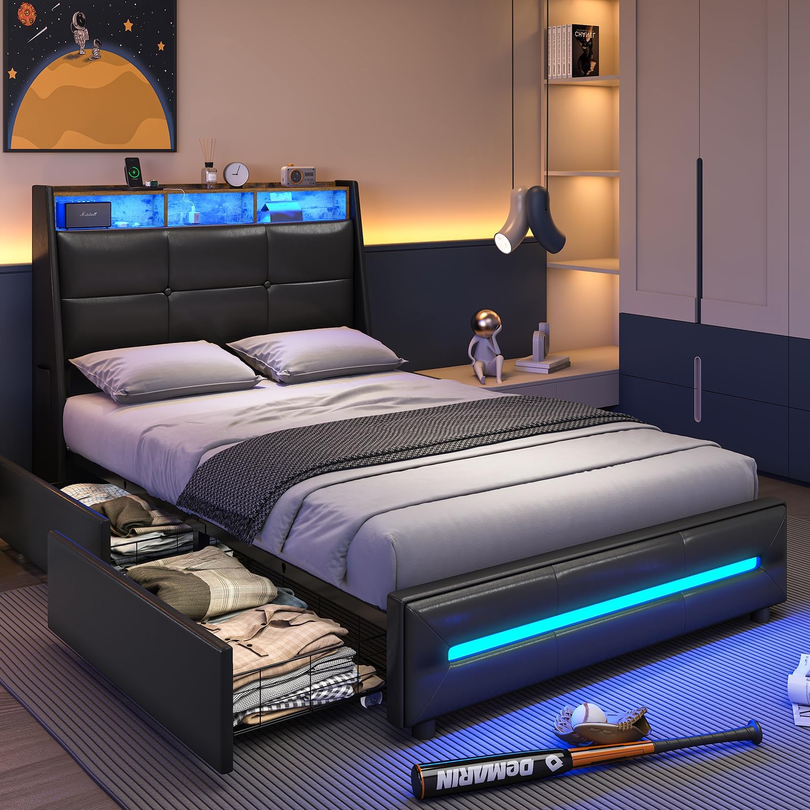 Amazon.com: Twin Size Bed Frame with Ergonomic Headboard,LED Lights Bed ...