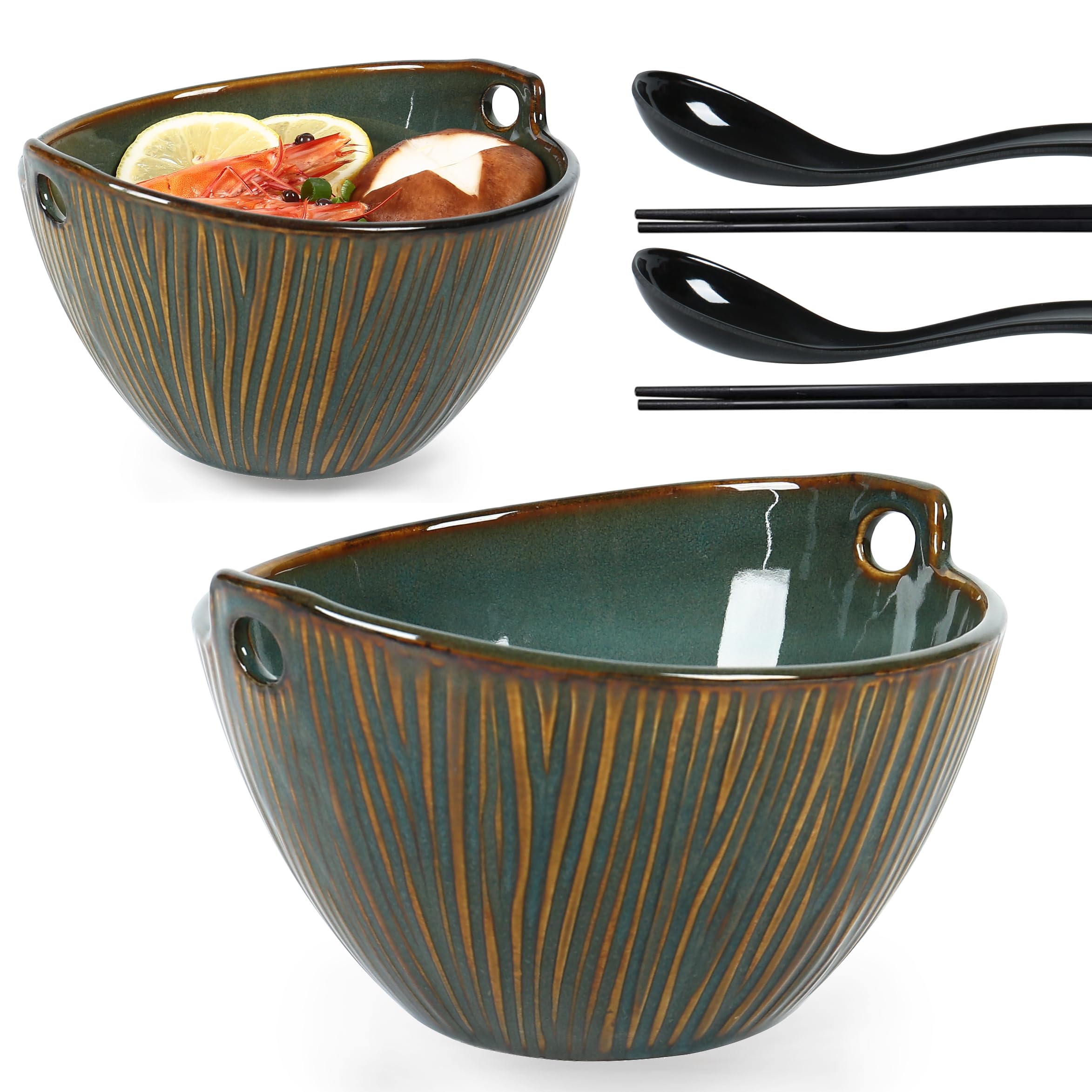 Amazon.com: Ceramic Ramen Bowl with Chopsticks and Spoons Set, 6.7 Inch ...