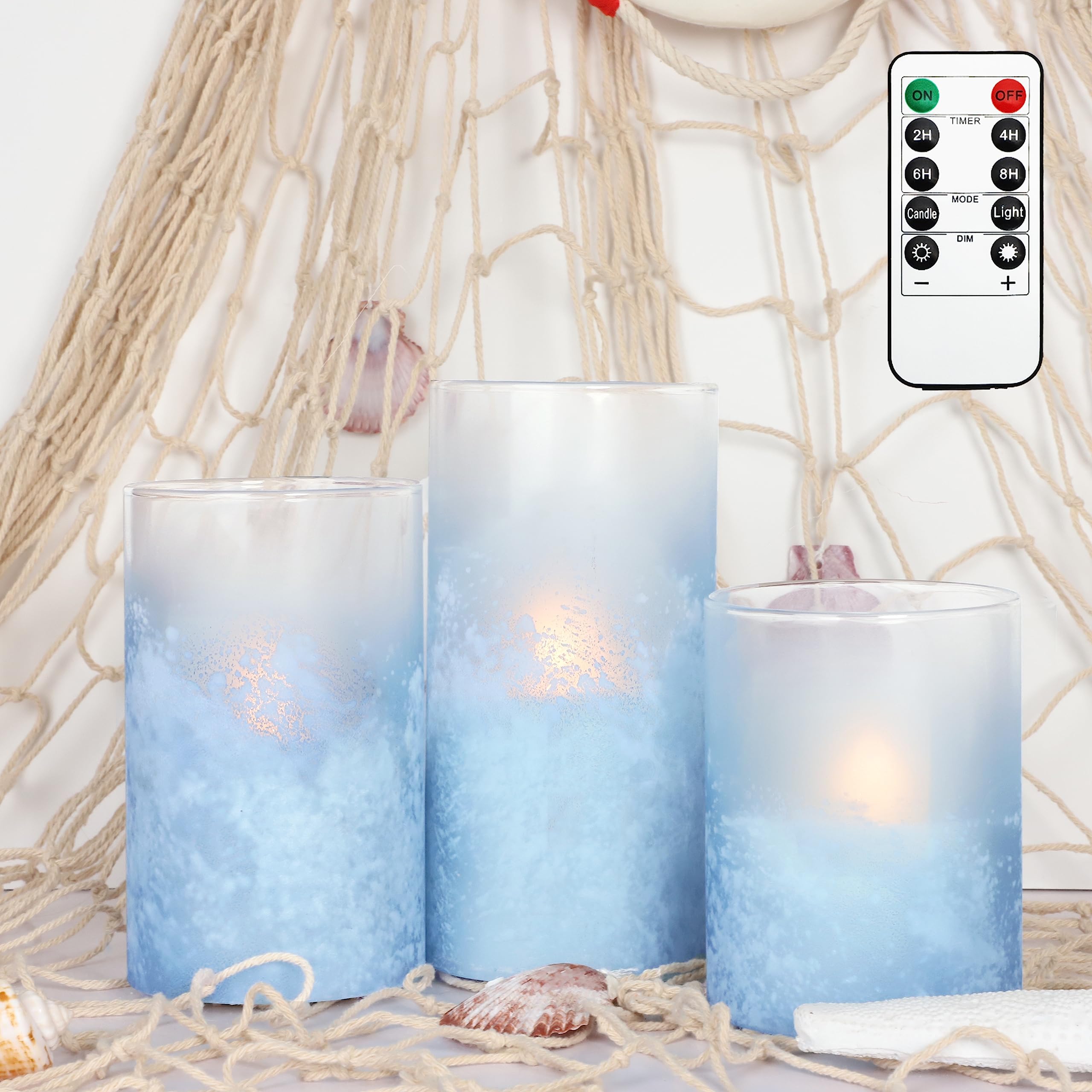 Amazon.com: FLAVCHARM Blue Glass Flameless Candles Sandblast Desgin ...