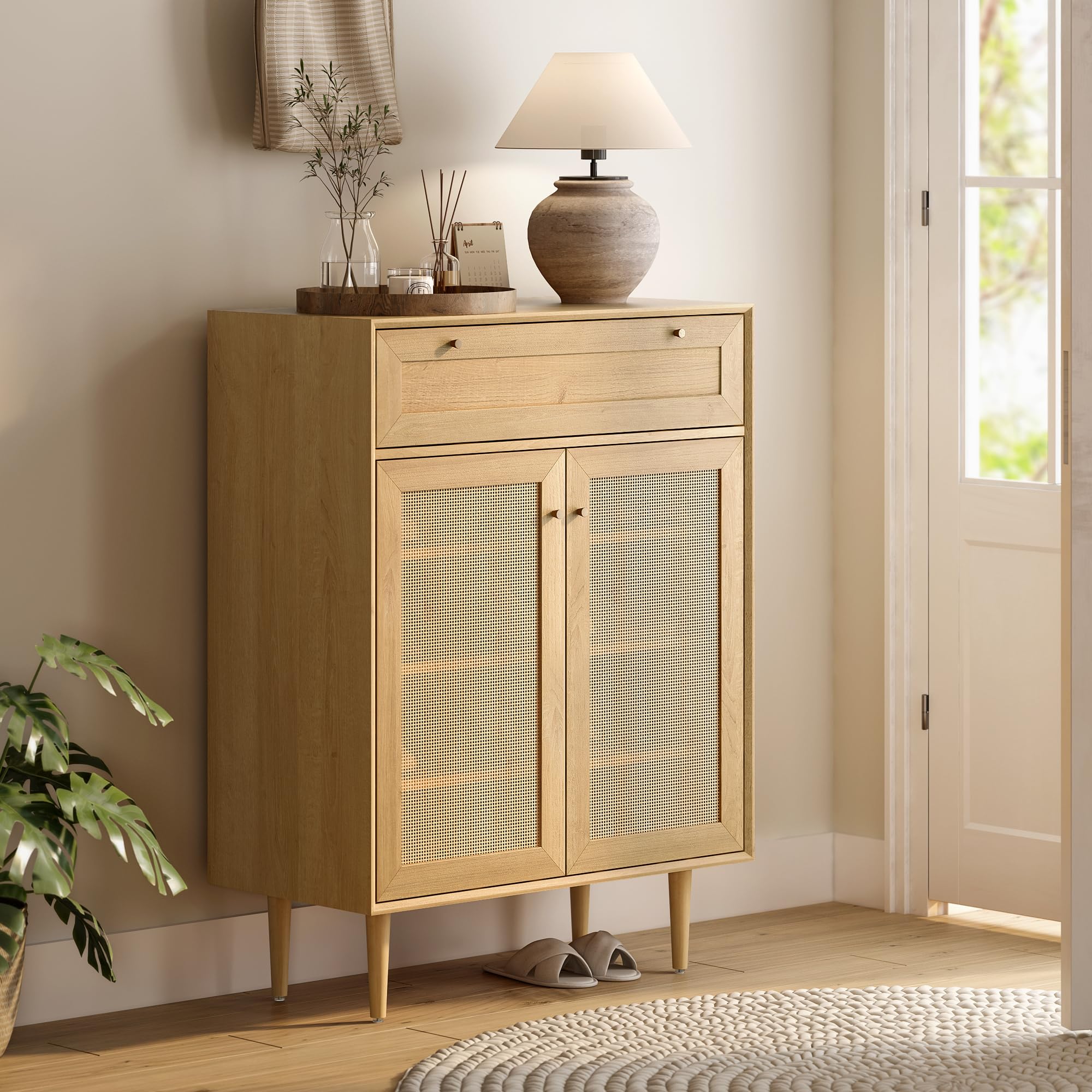 Amazon.com: EYYTHUNG Rattan Shoe Cabinet with Drawer and Doors, Large ...