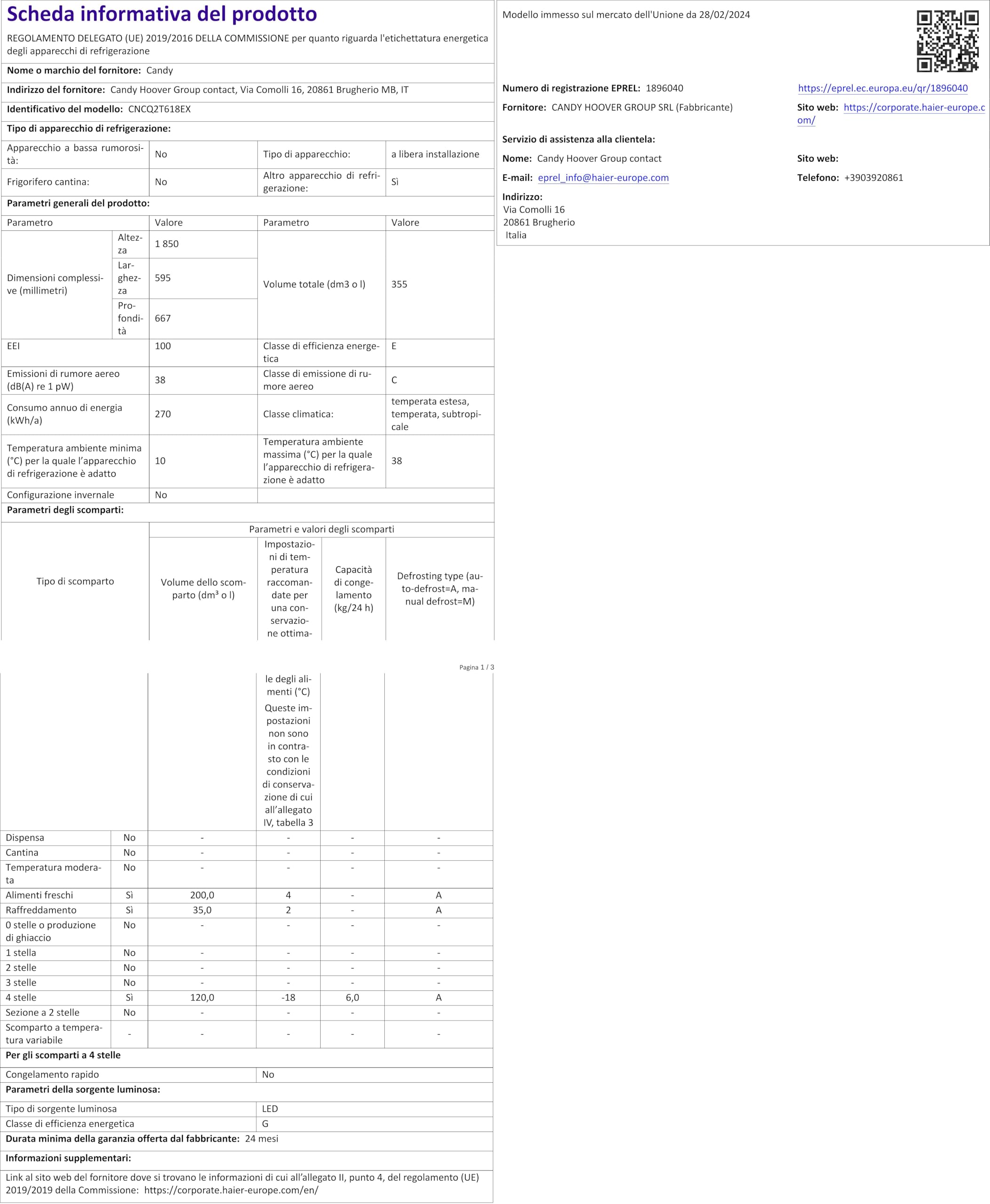 Candy Fresco 300 CNCQ2T618EX Frigorifero Combi, Capacità 355L, Total No ...