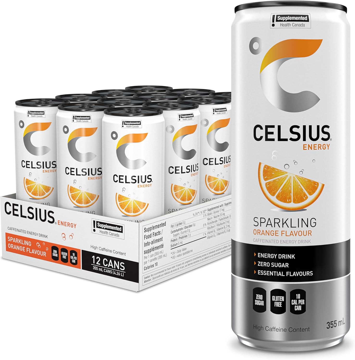 CELSIUS Sparkling Orange, Zero Sugar Energy Drink, 355ml (Pack of 12 ...
