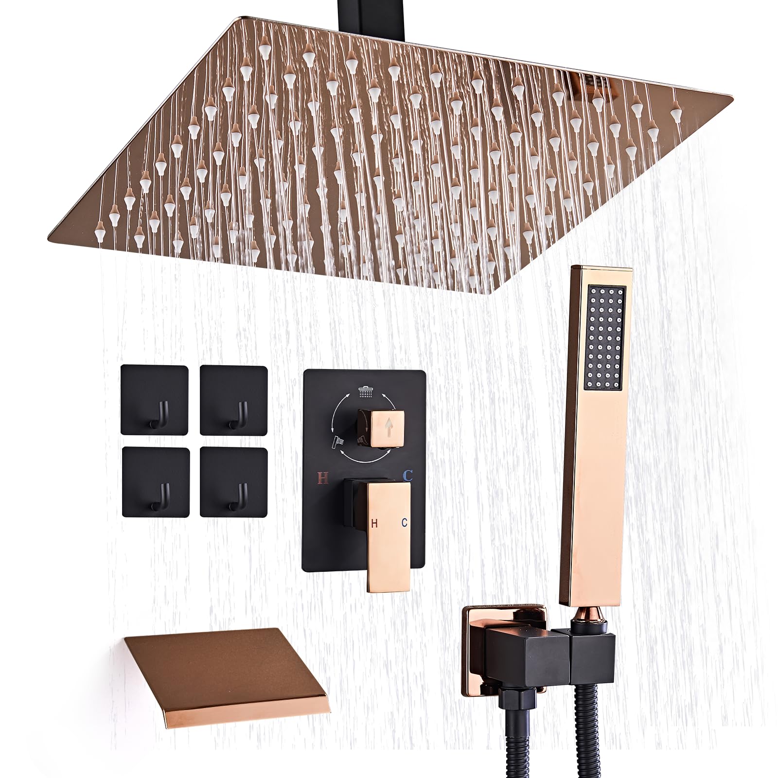 RTOBWEYE 12 Inch Ceiling Mount Shower System Matte Black Gold Rain ...