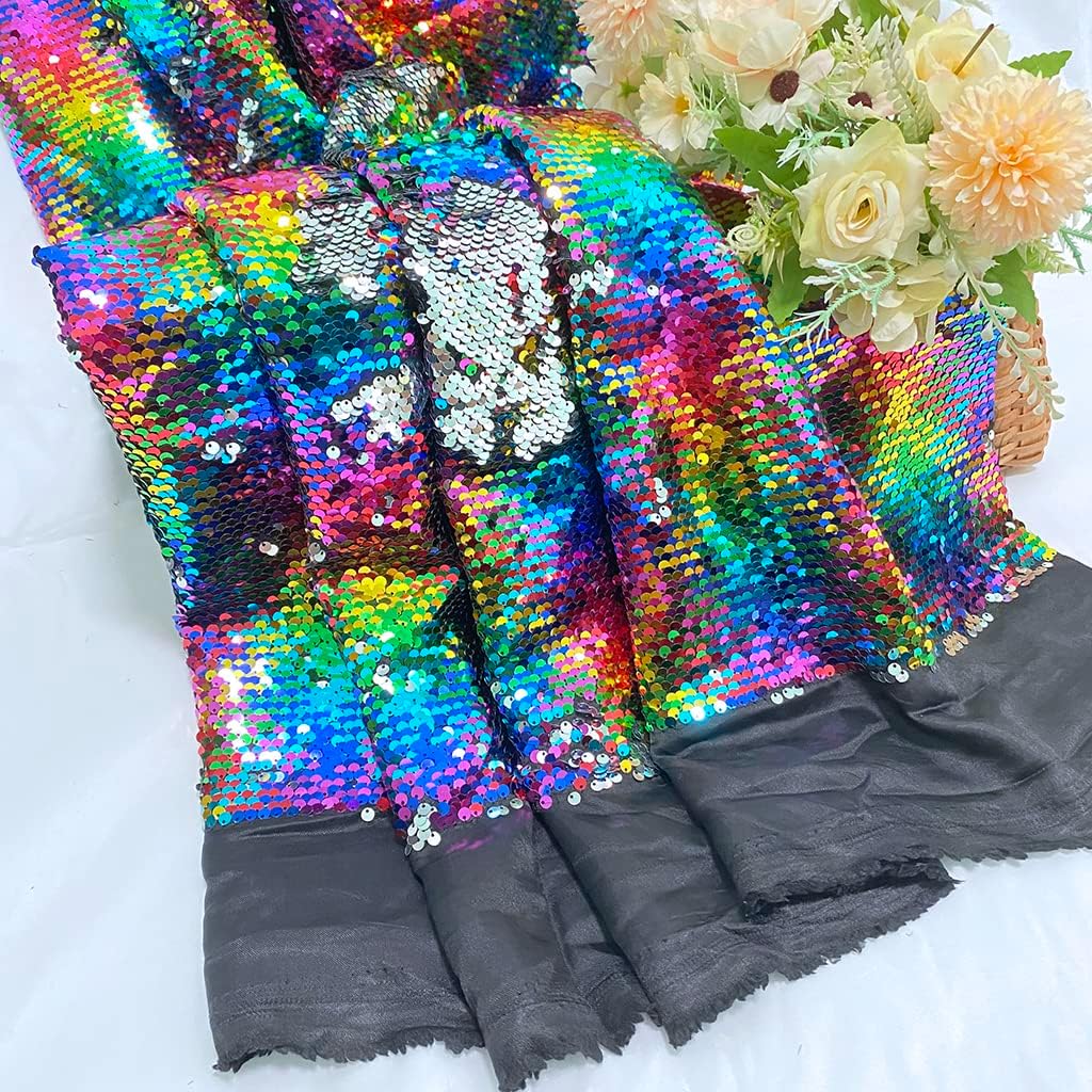 Amazon.com: Reversible Sequin Fabric by The Yard Rainbow to Silver Flip Up Sequins Rainbow Two ...