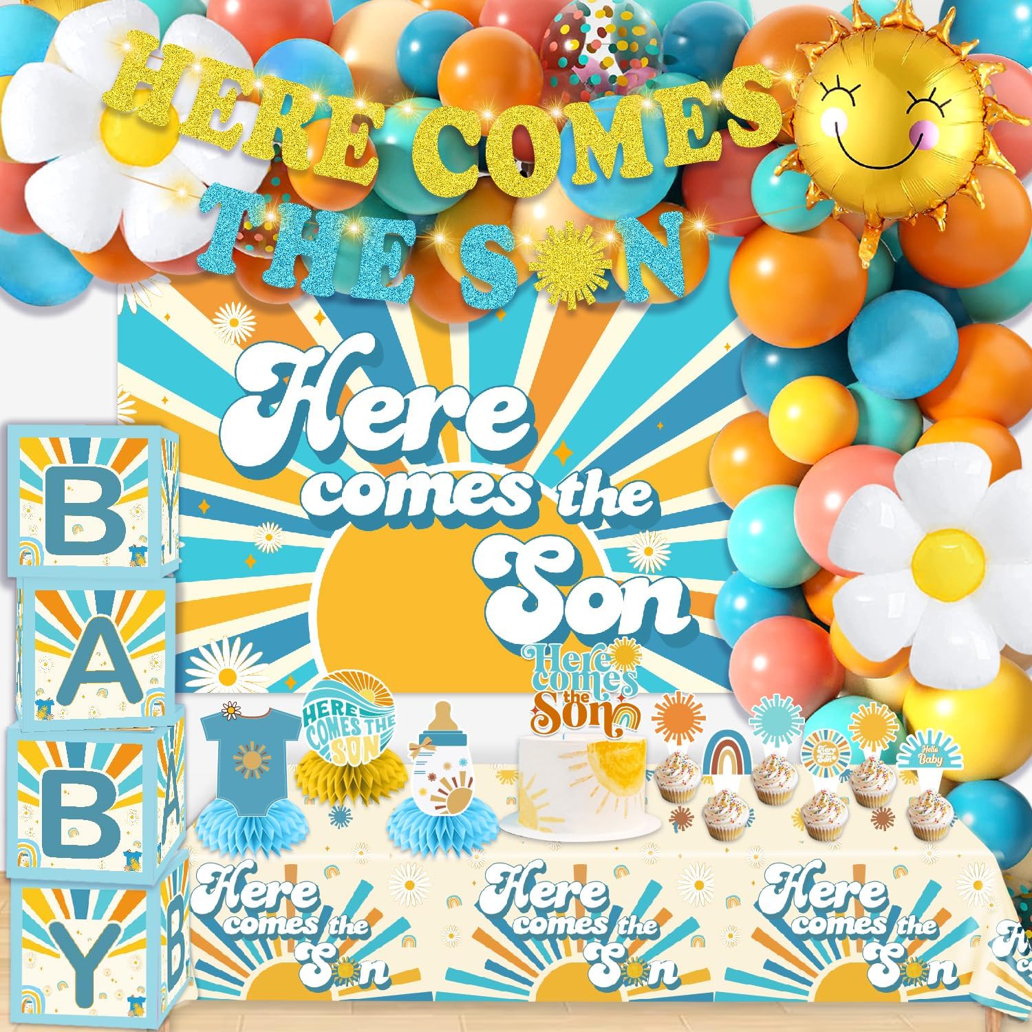 Amazon.com: Vansolinne Here Comes The Son Baby Shower Decorations Boho ...