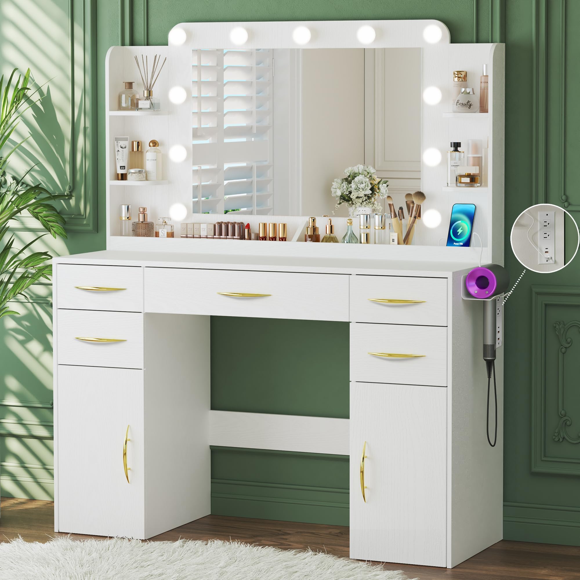 Amazon.com: YESHOMY Vanity Desk with Mirror, Power Outlet and 10 Lights ...