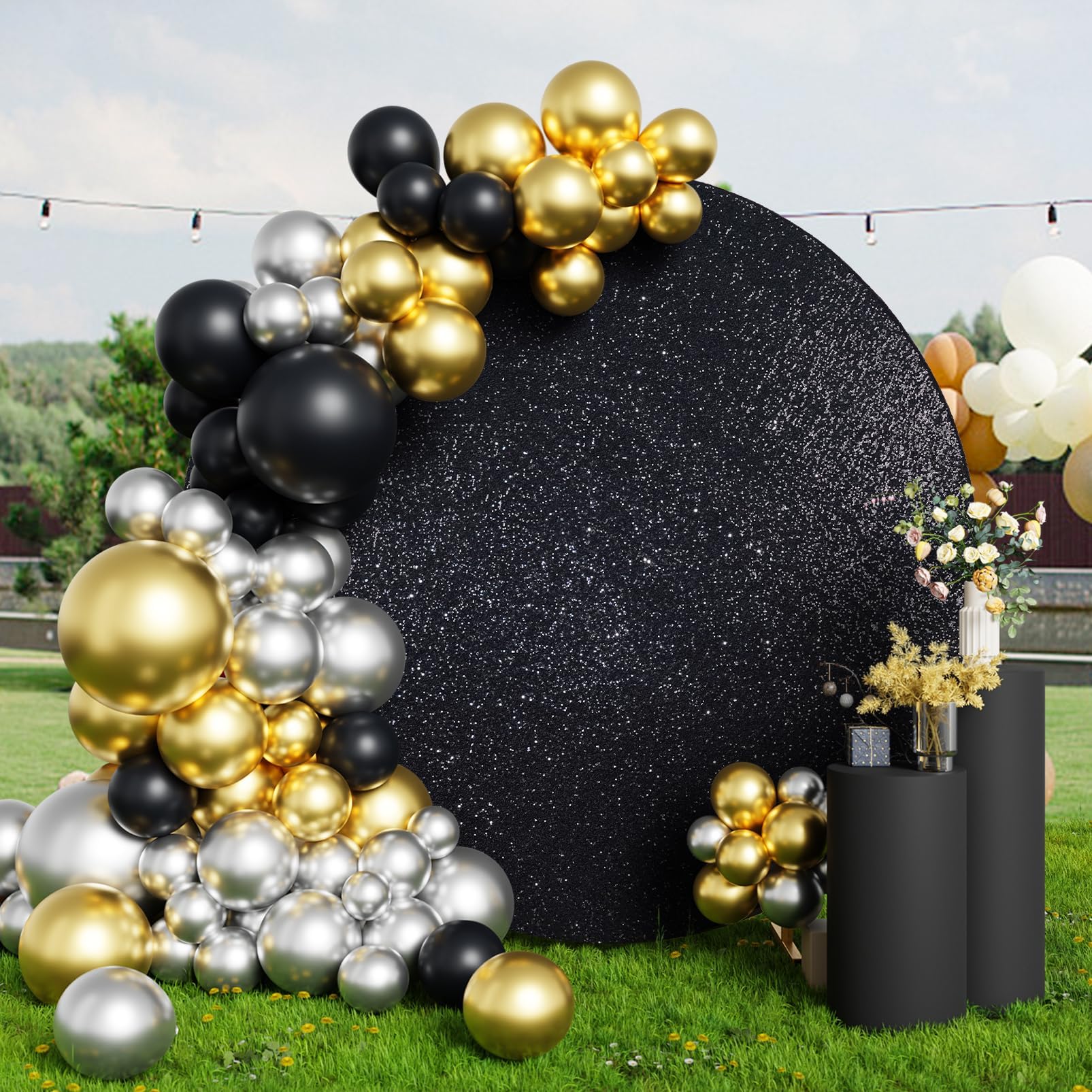 Amazon.com : 7.2ft Sequin Round Backdrop Cover - CMICHO Black Glitter ...