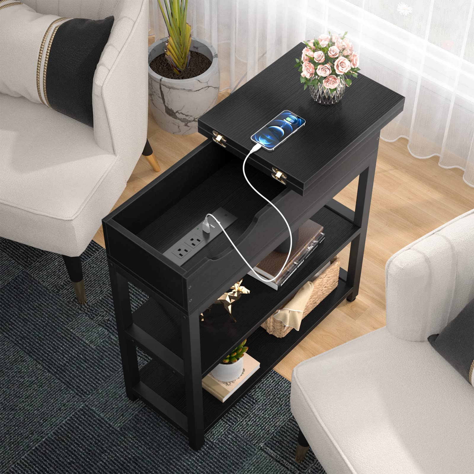 Aheaplus Sofa Side Table with USB Ports and Outlets, Narrow End Table ...