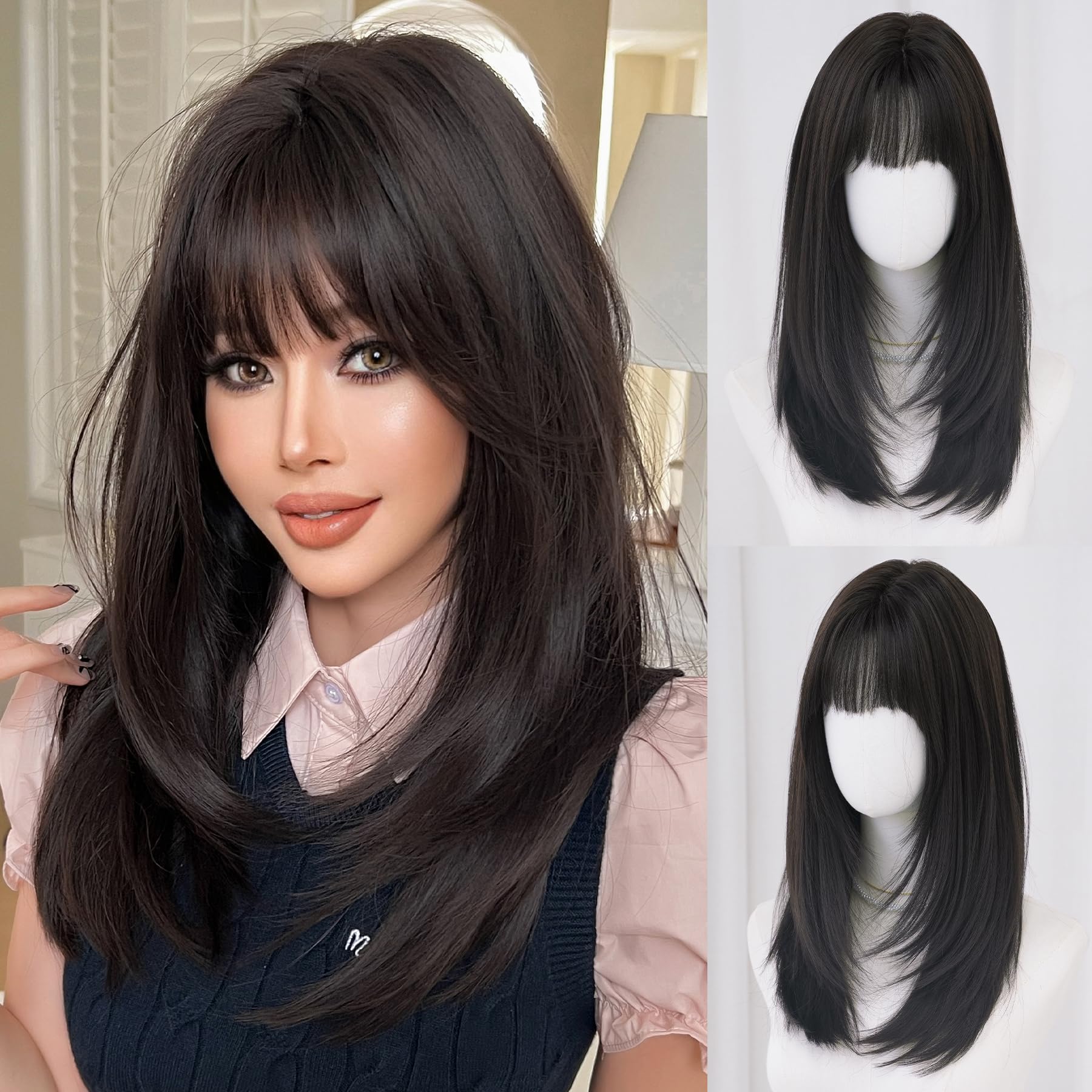 Amazon.com : 7JHH WIGS Long Straight Natural Black Synthetic Layered ...