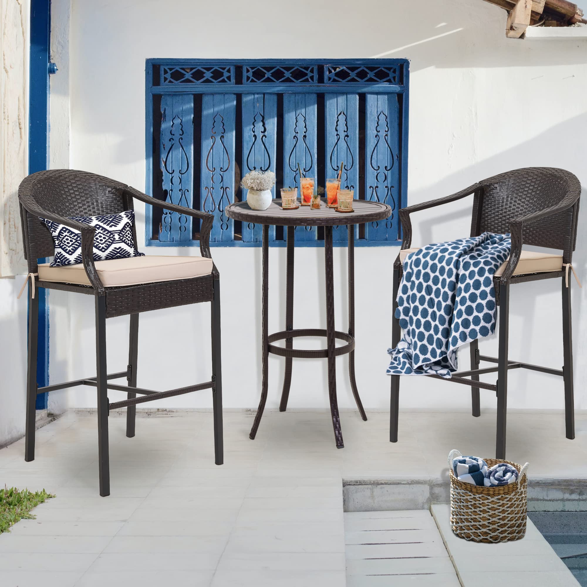 Amazon.com: PORWEY 3 Piece Patio Bar Set, Outdoor Rattan Wicker Bar ...