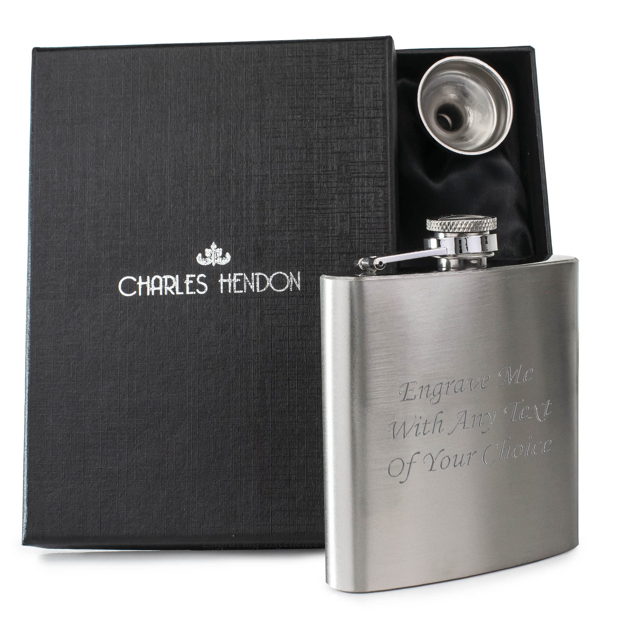 Charles Hendon Personalised Steel Hip Flask in Black Presentation Box ...