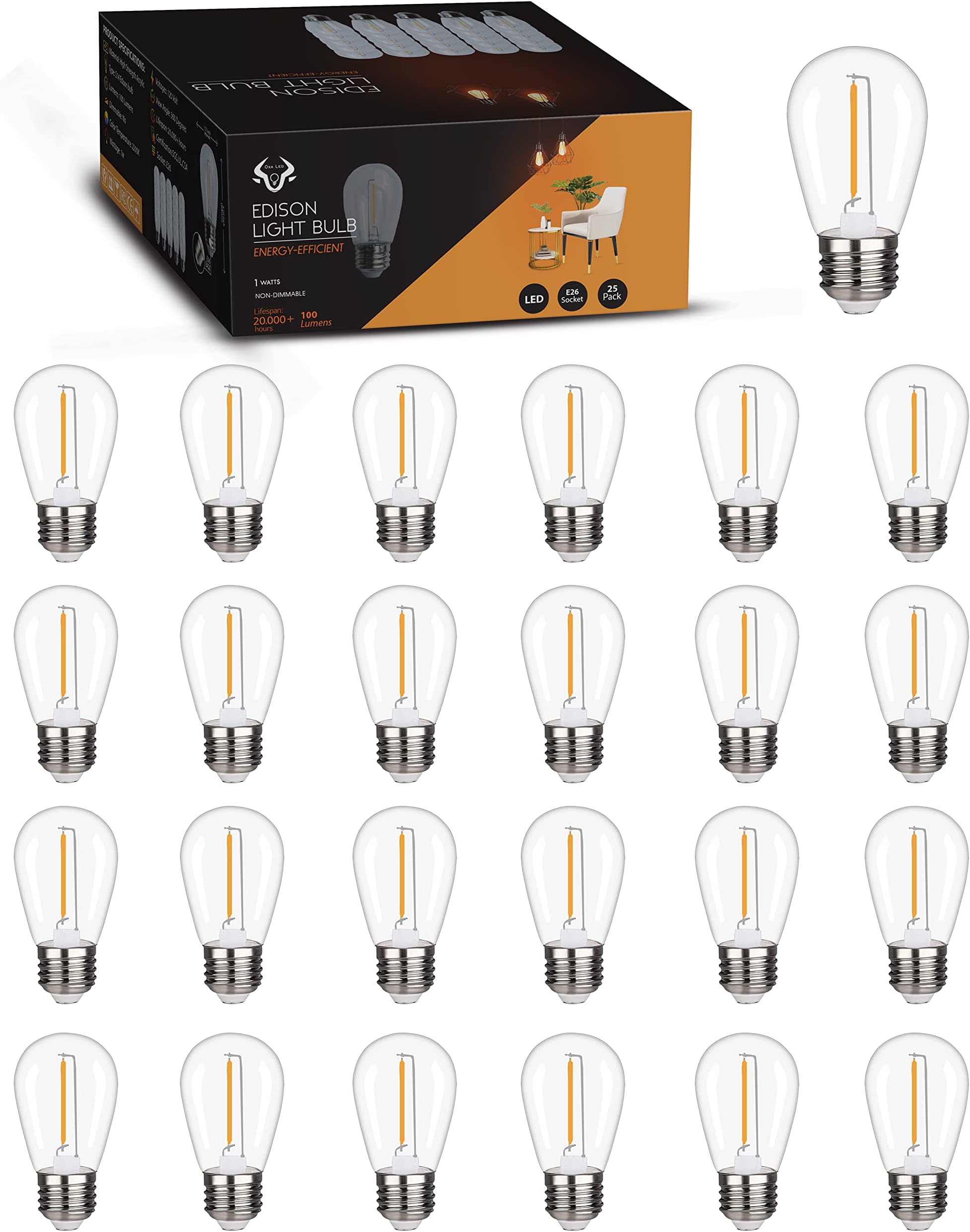 OXA LED™ 25-Pack – S14 – LED Edison Light Bulbs – 2W (22W Equivalent) – 2700K Warm White – 200 ...