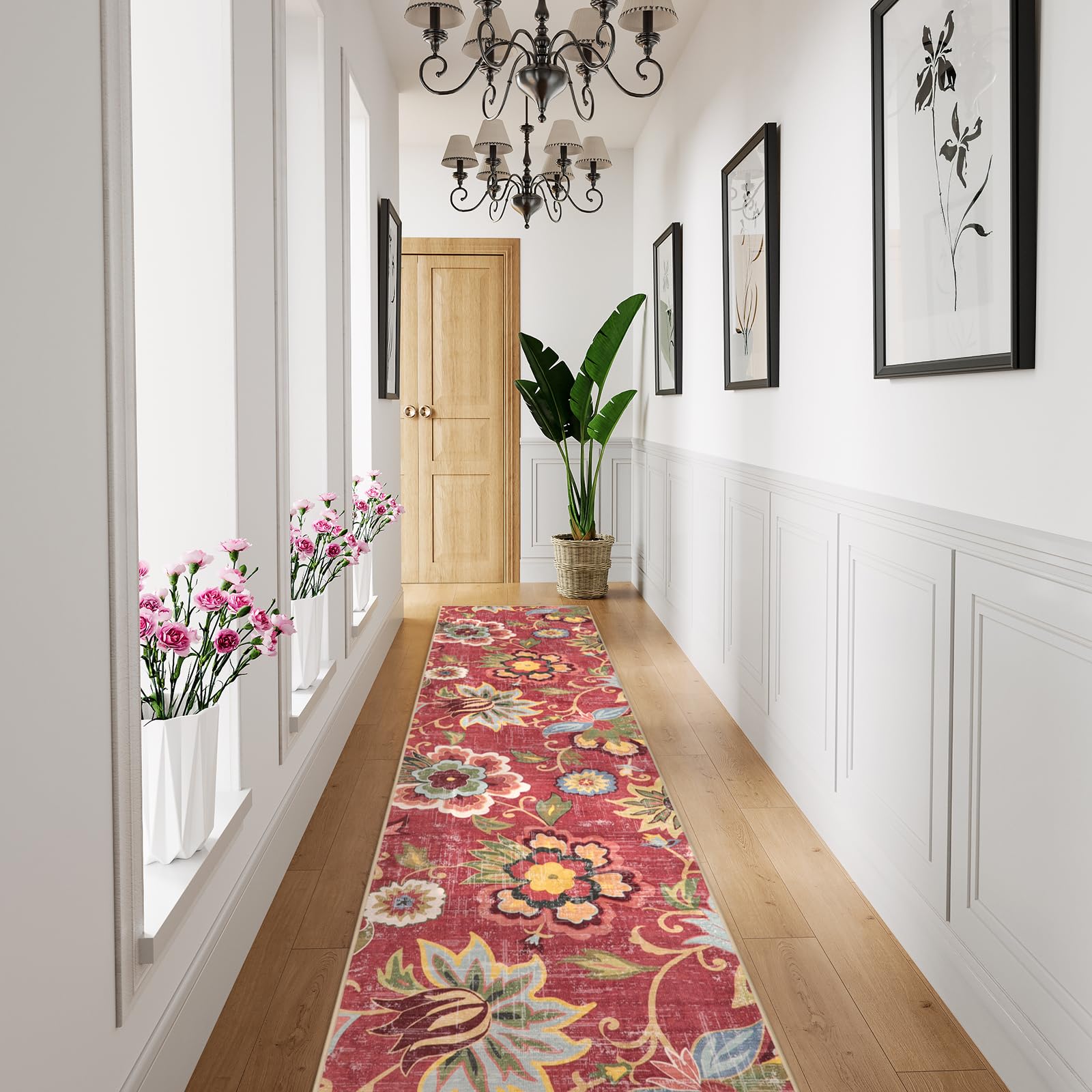 Amazon.com: Beeiva Floral Runner Rug Non Slip, Vintage Red 2.5x12 Rug ...