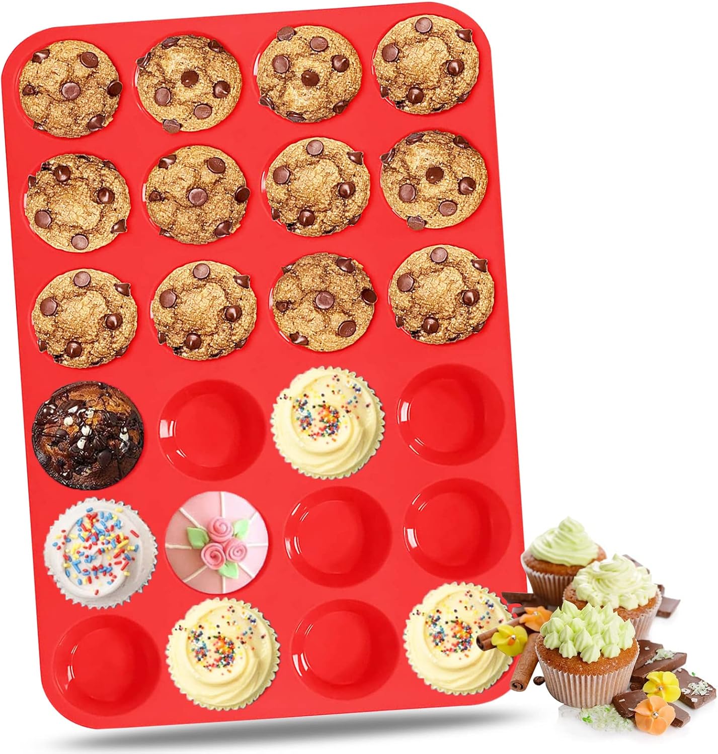 Silicone Mini Muffin Pan 24 Cups, Large Muffin Tray Tins Non Stick ...