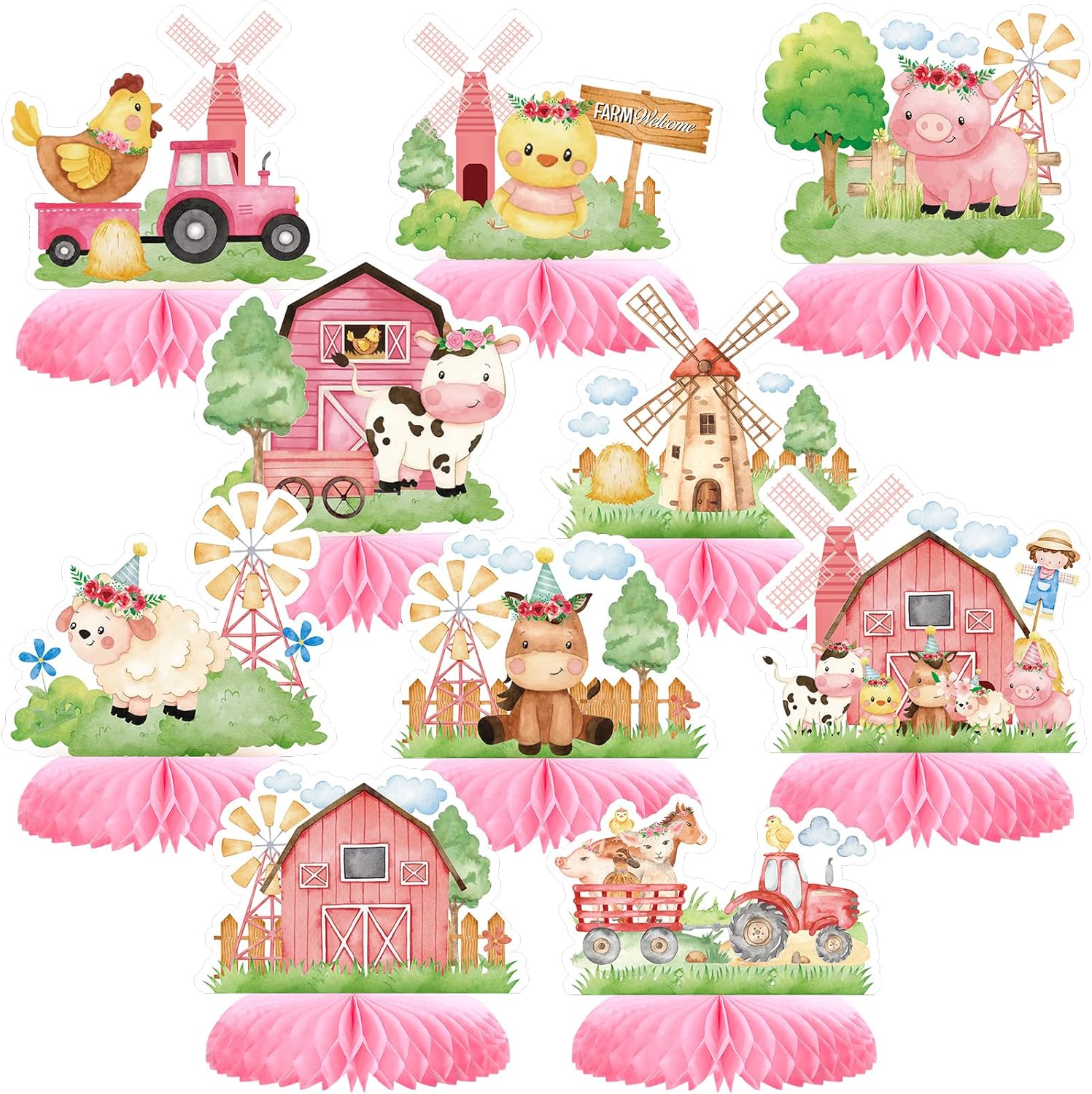 Amazon.com: 10 Pcs Pink Farm Animals birthday Party Supplies Girl Pink ...