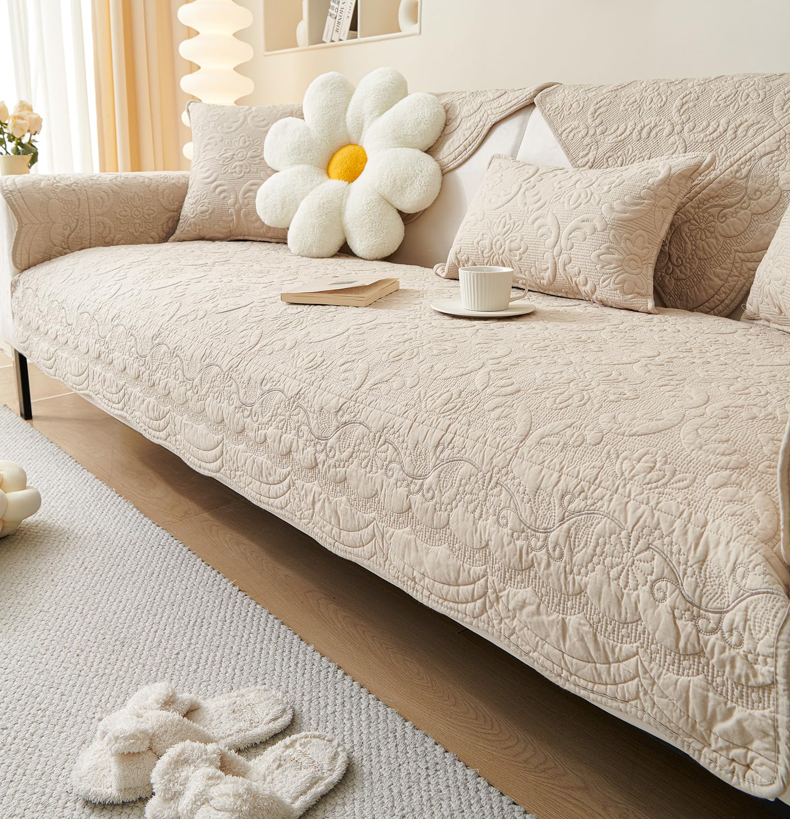 Amazon.com: vctops Cotton Embroidery Couch Cover Neutral Quilted Sofa ...