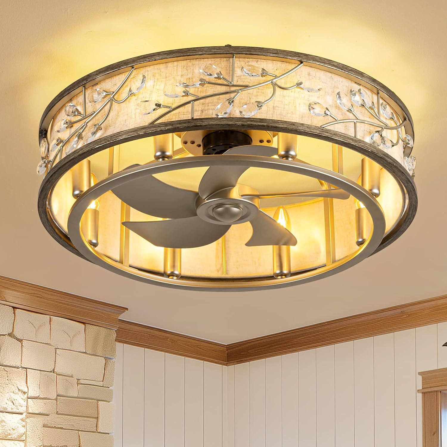 WWM Flush Mount Caged Ceiling Fan with Light and Remote, 24" Crystal ...