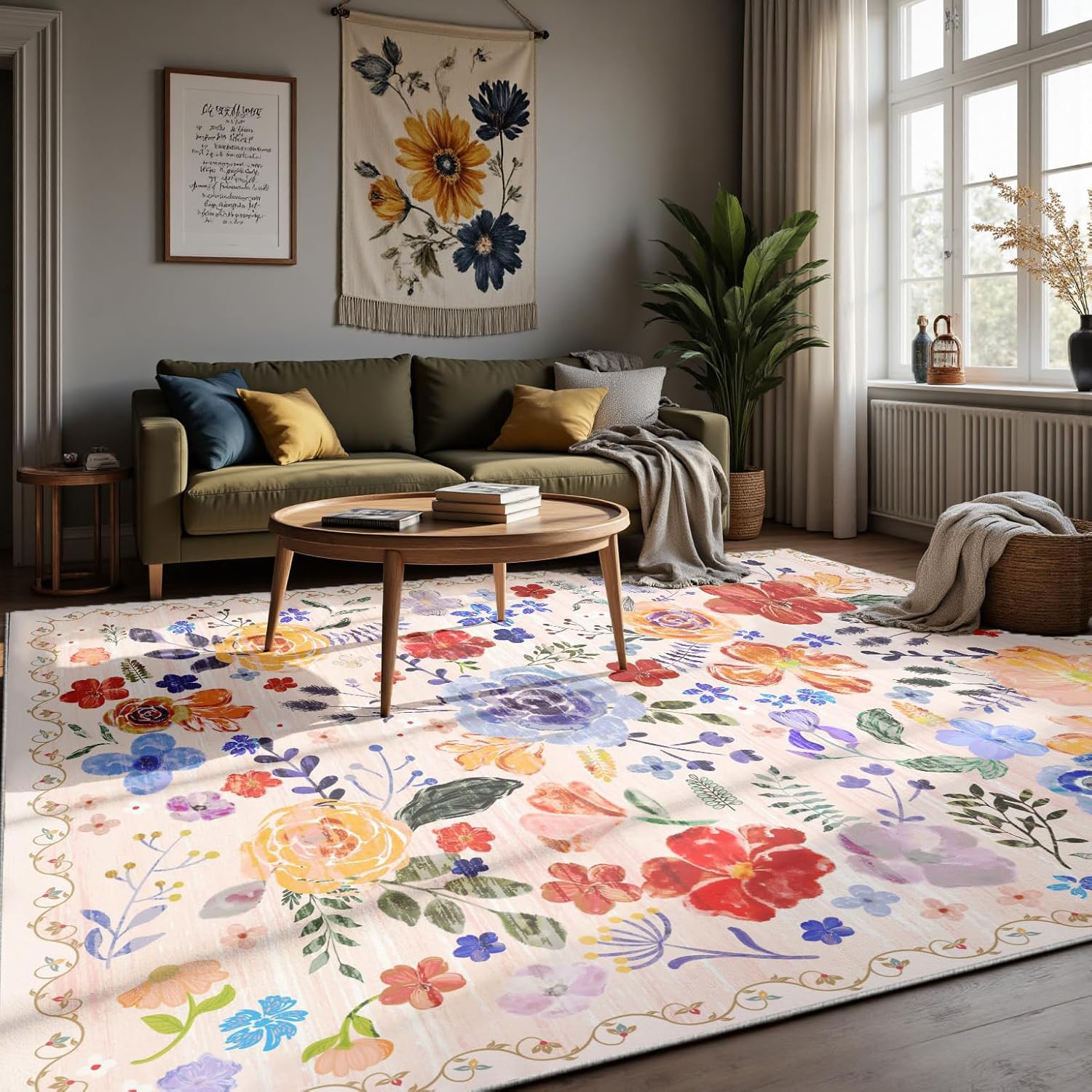 Amazon.com: Boho Floral Area Rug 8x10 Pink, Machine Washable Low Pile ...