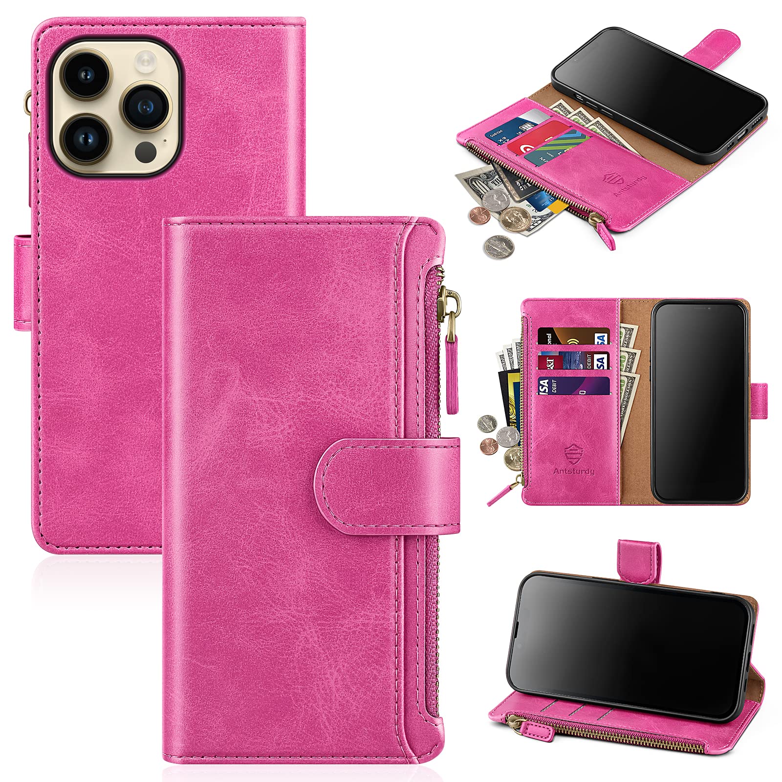Antsturdy for iPhone 14 Pro Wallet Case [RFID Blocking] [Zipper Poket ...