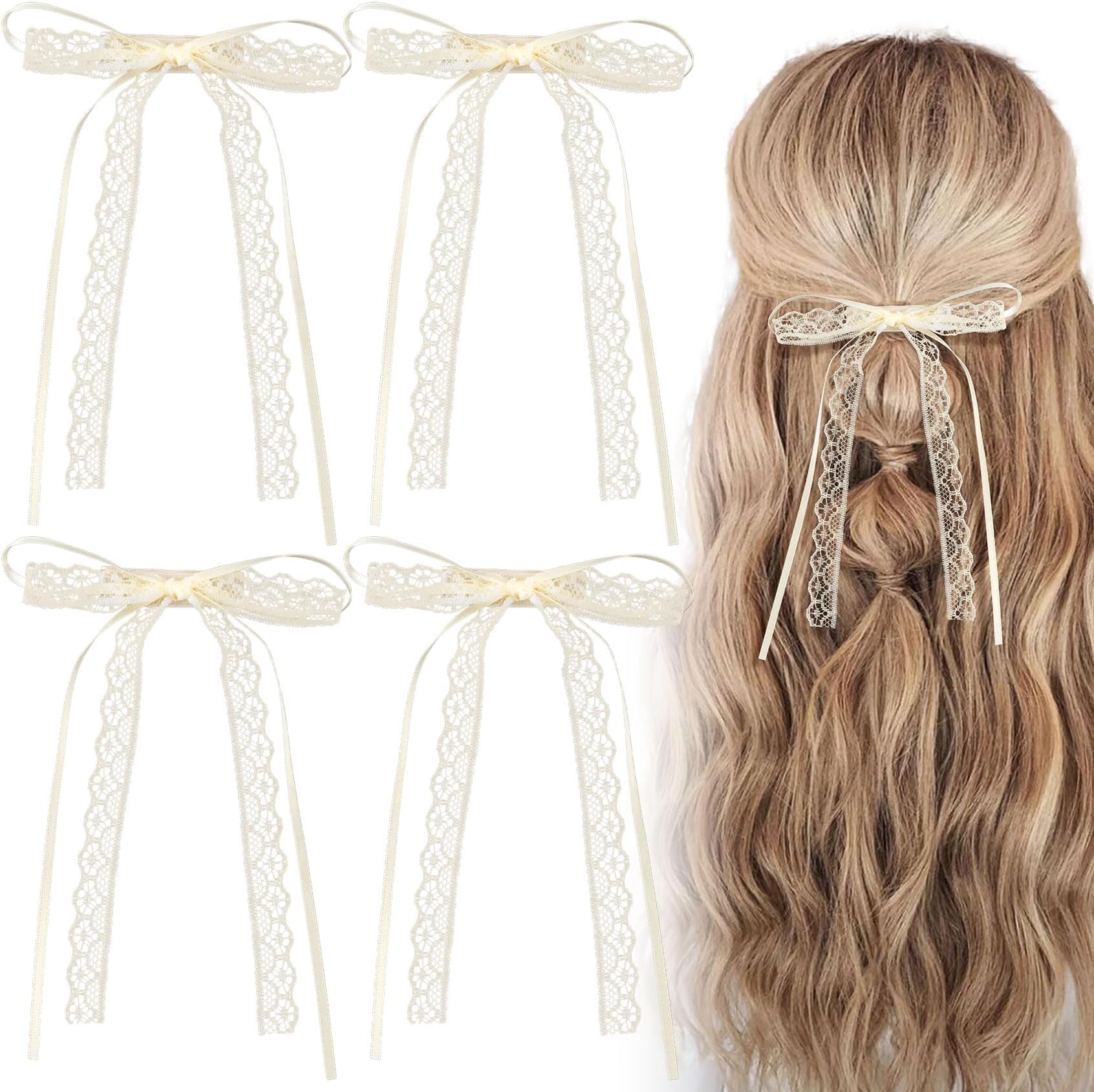 Amazon.com : Lace Hair Bow Clips for Women White Lace Coquette Bows for ...