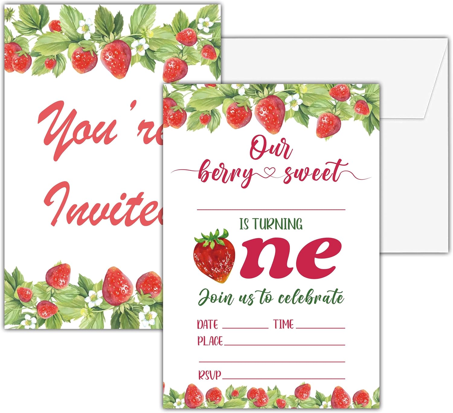 Amazon.com : Strawberry Birthday Invitations, 25 Double-Sided Sweet One ...