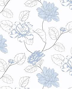 Guvana 17.32"x 197" Blue and White Wallpaper Floral Peel and Stick ...