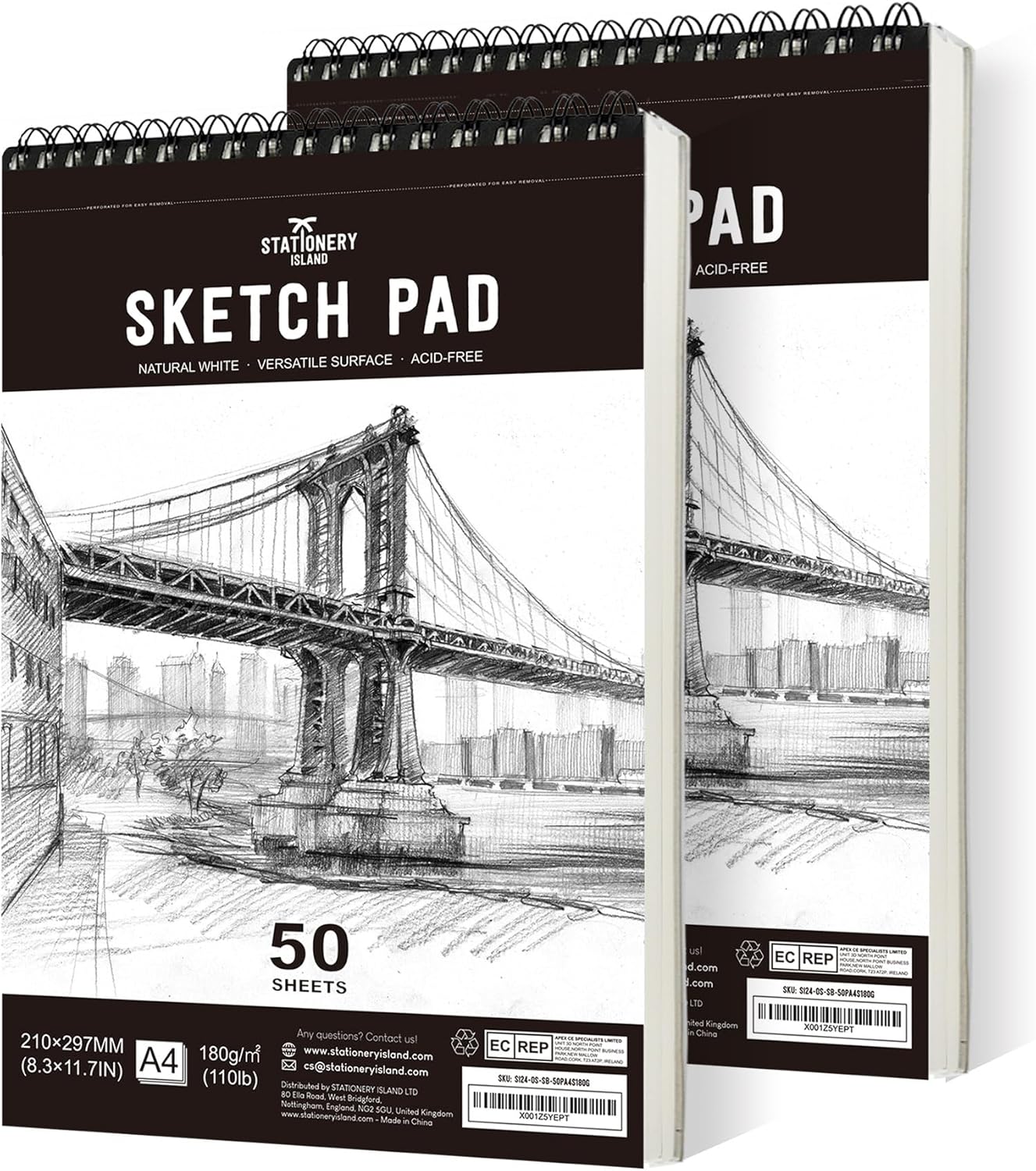 STATIONERY ISLAND Sketch Pad, A4 Sketch Book 180 g/m² Thick Paper, 100 Pages / 50 Sheets Spiral ...