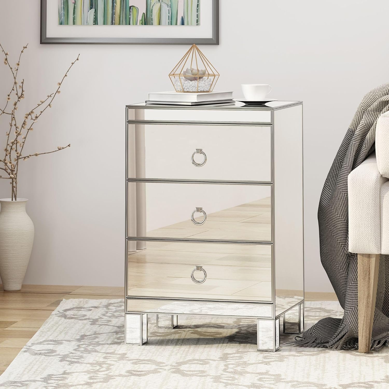 Amazon.com: Mirrored Nightstand with 3-Drawers Silver Side End Table ...