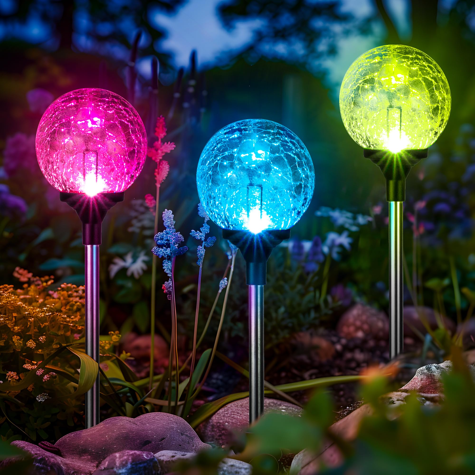 GIGALUMI Solar Garden Lights 3 Pack, Solar Powered Outdoor Lighting ...