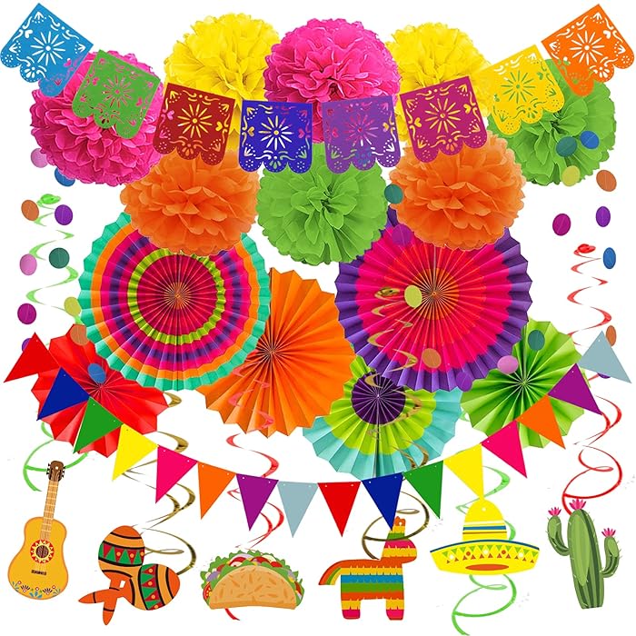 Buy Recosis Mexico Party Decorations, Fiesta Paper Fans Pom Poms Picado ...