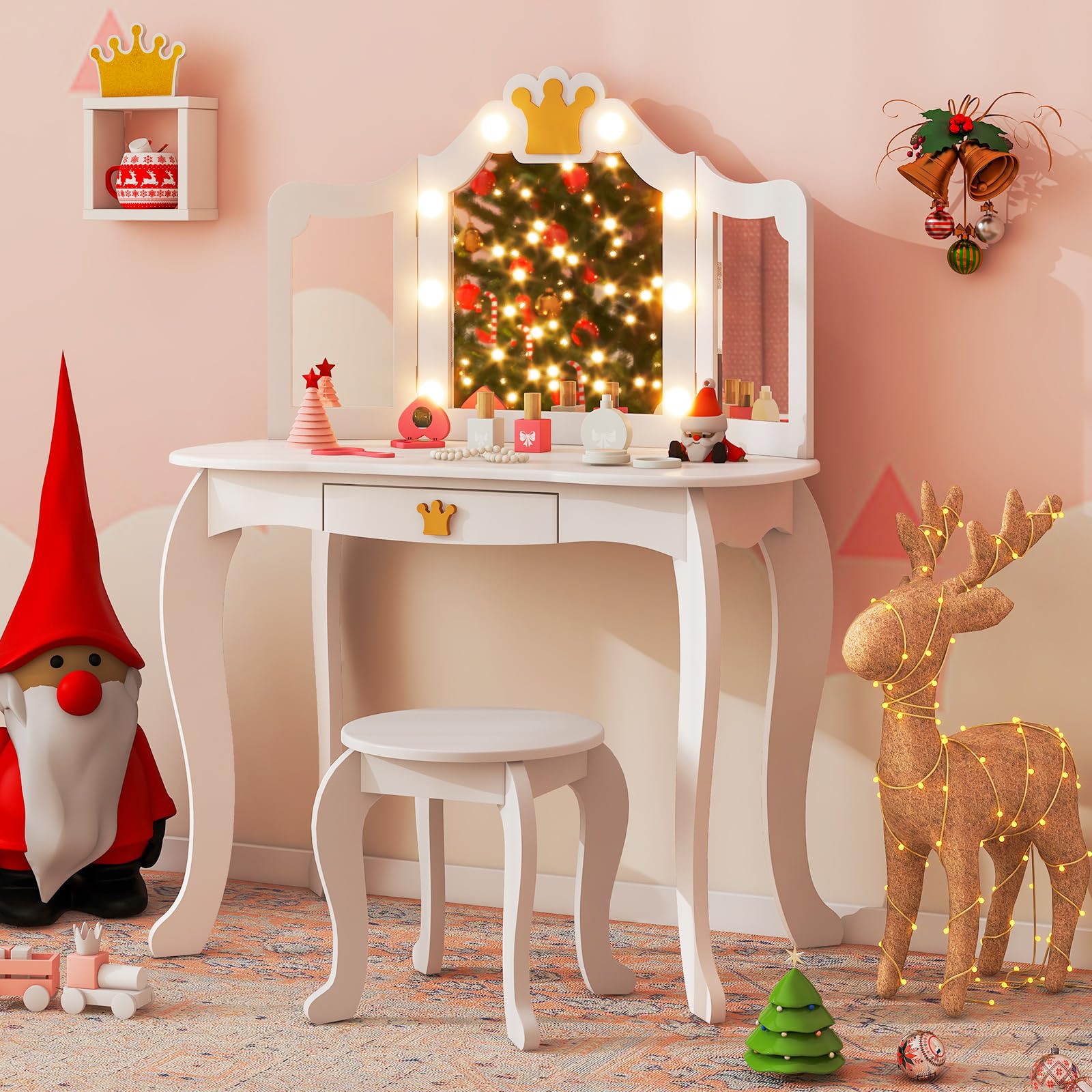 Amazon.com: Costzon Kids Vanity with Lights, Girls Vanity Set with ...