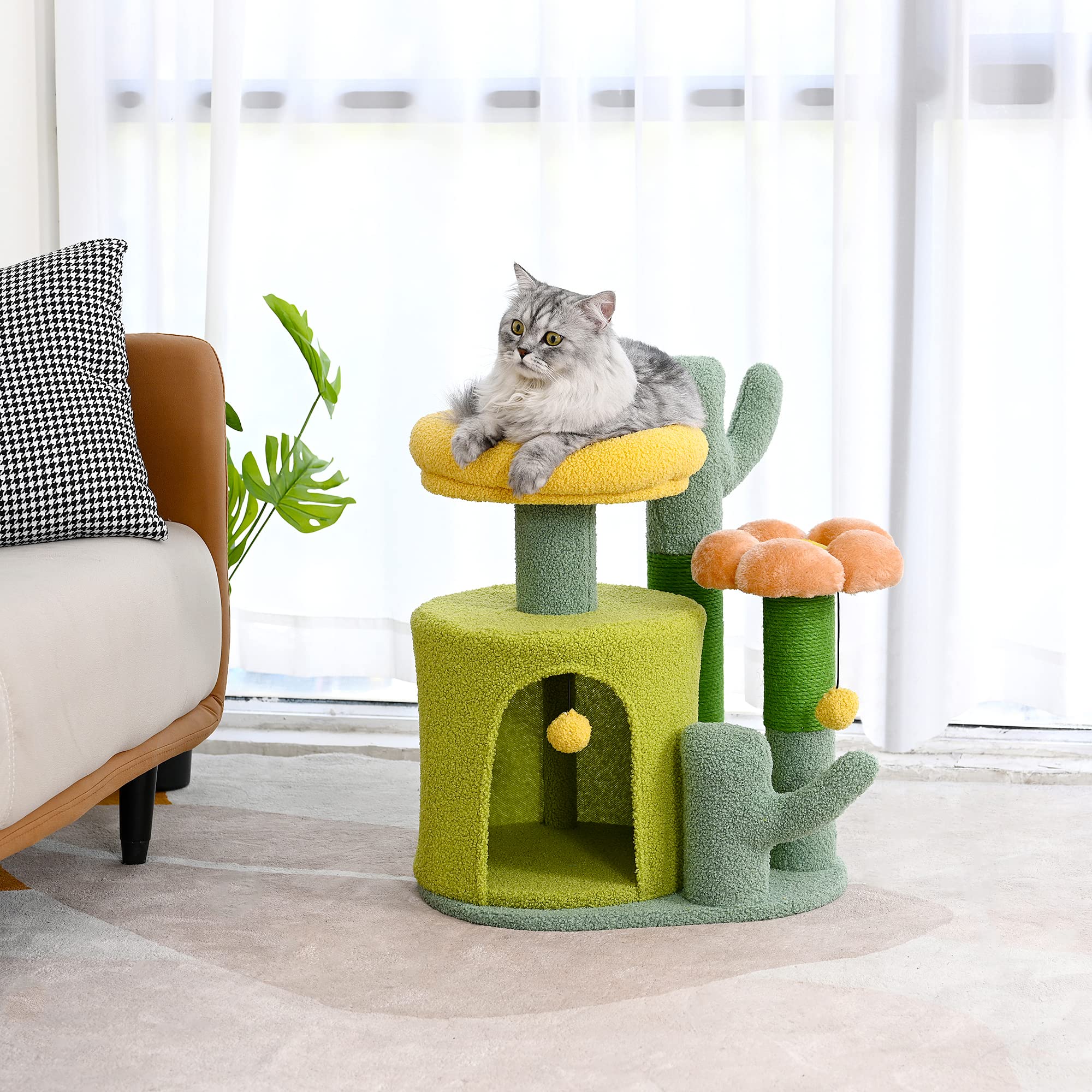 PET WONDERLAND Small Cat Condo, Cute Cactus Cat Tree with Multi ...
