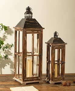 Amazon.com: Large Farmhouse Wooden Decorative Lantern Set of 2, Rustic ...