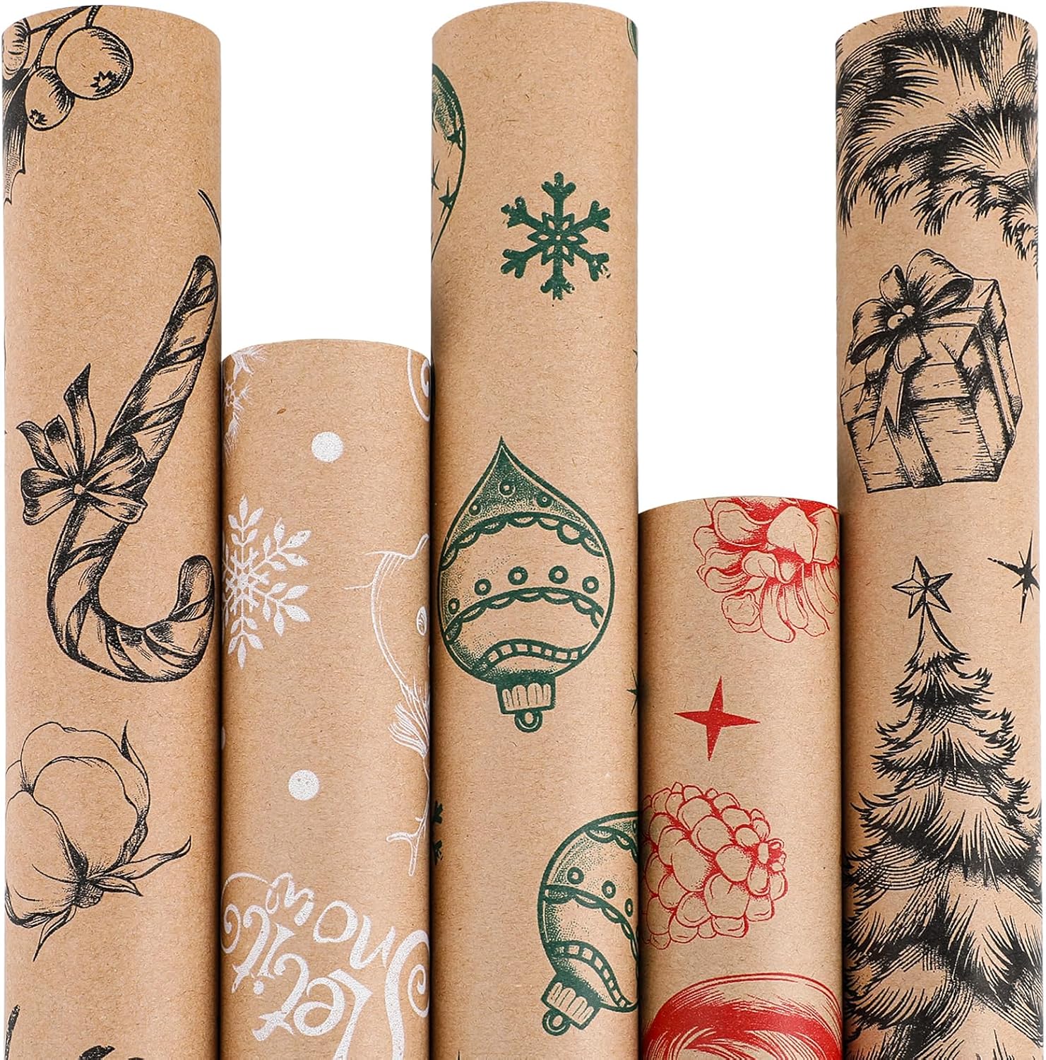 Amazon.com: KIMOBER 5 Rolls Christmas Wrapping Paper,Brown Kraft Paper ...
