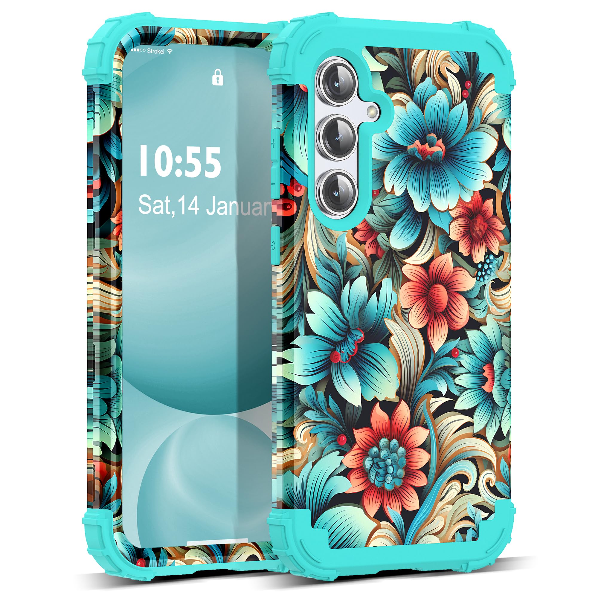 Amazon.com: SleekCover for Galaxy S24 FE 5G Case,3 in 1 Oil Painting Flower Pattern Heavy Duty ...