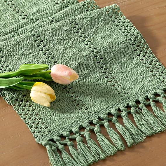 Amazon.com: Socomi Sage Green Boho Table Runner Summer Farmhouse Rustic ...
