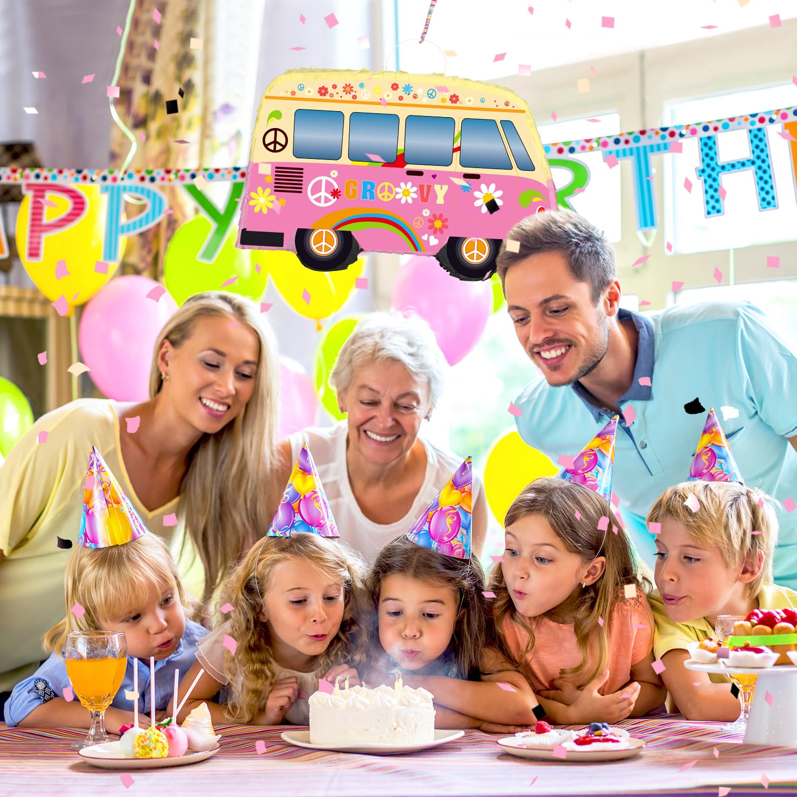 Groovy Bus Pinatas for Birthday Party Girls Boys Hippie Bus Pinata with ...