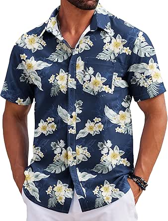 Amazon.com: COOFANDY Mens Hawaiian Shirts Short Sleeve Tropical Button Down Shirts Floral Summer ...