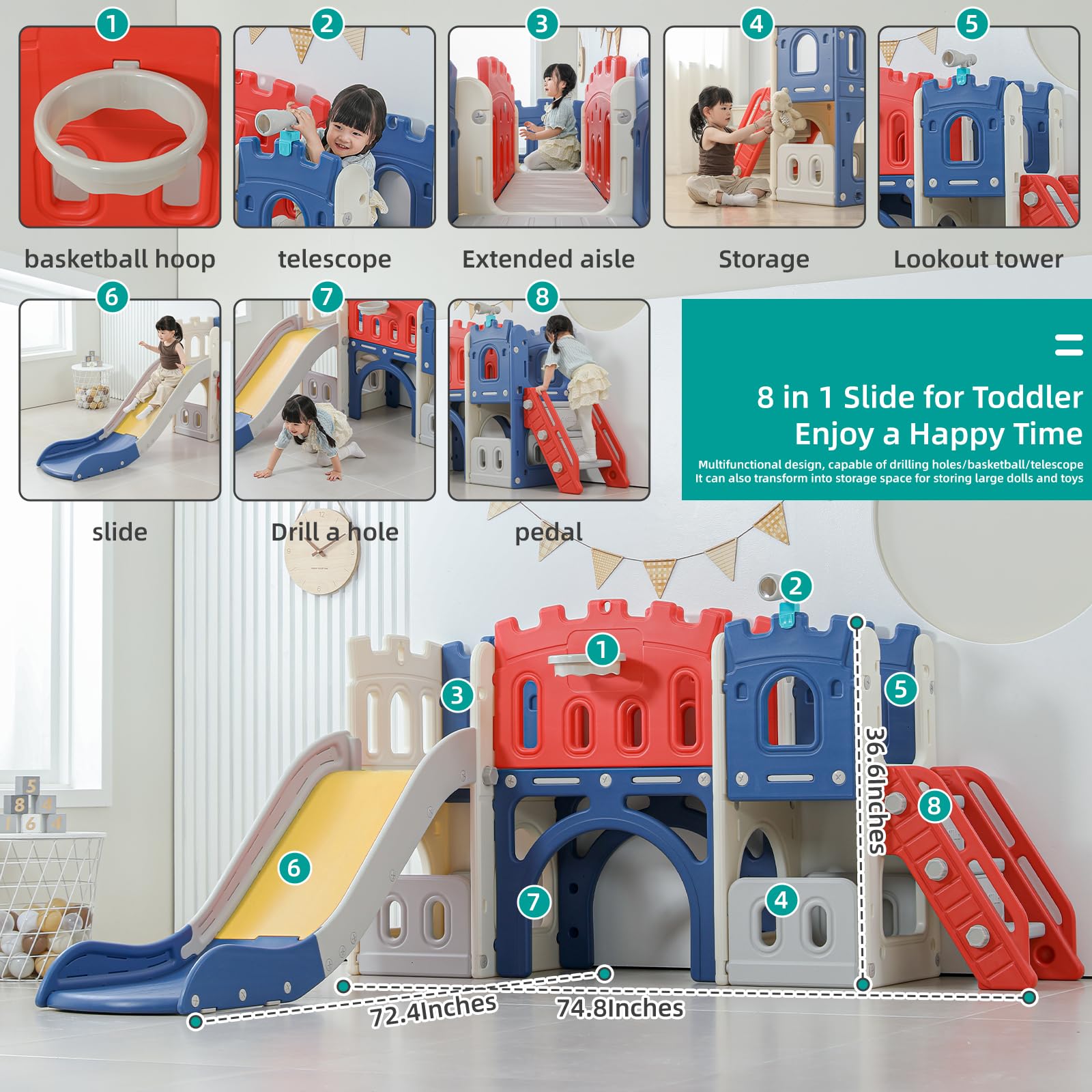 Snapklik.com : 8 In 1 Toddler Slide, Castle-Themed Indoor Outdoor ...