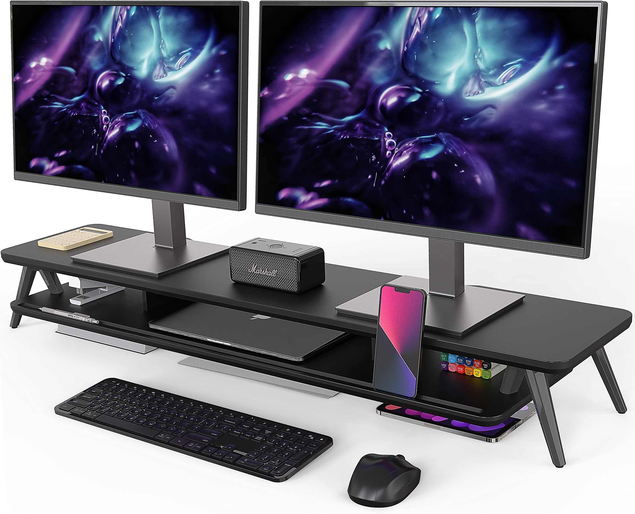 Desk Stand Ergonomic Monitor Desk Shelf Matte Black Wood for Office ...